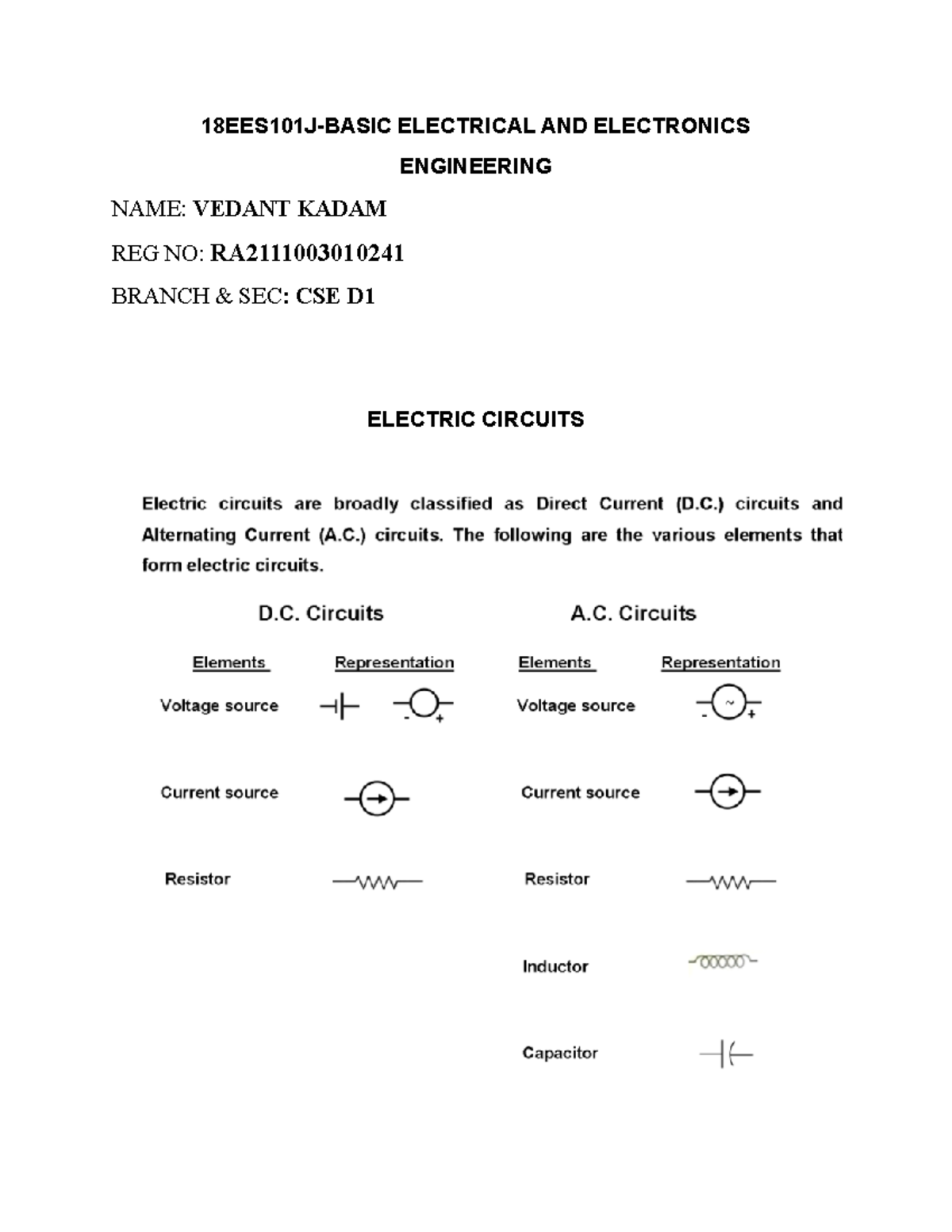 BEEE Notebook Unit-1 (RA2111003010241) - 18EES101J-BASIC ELECTRICAL AND ...
