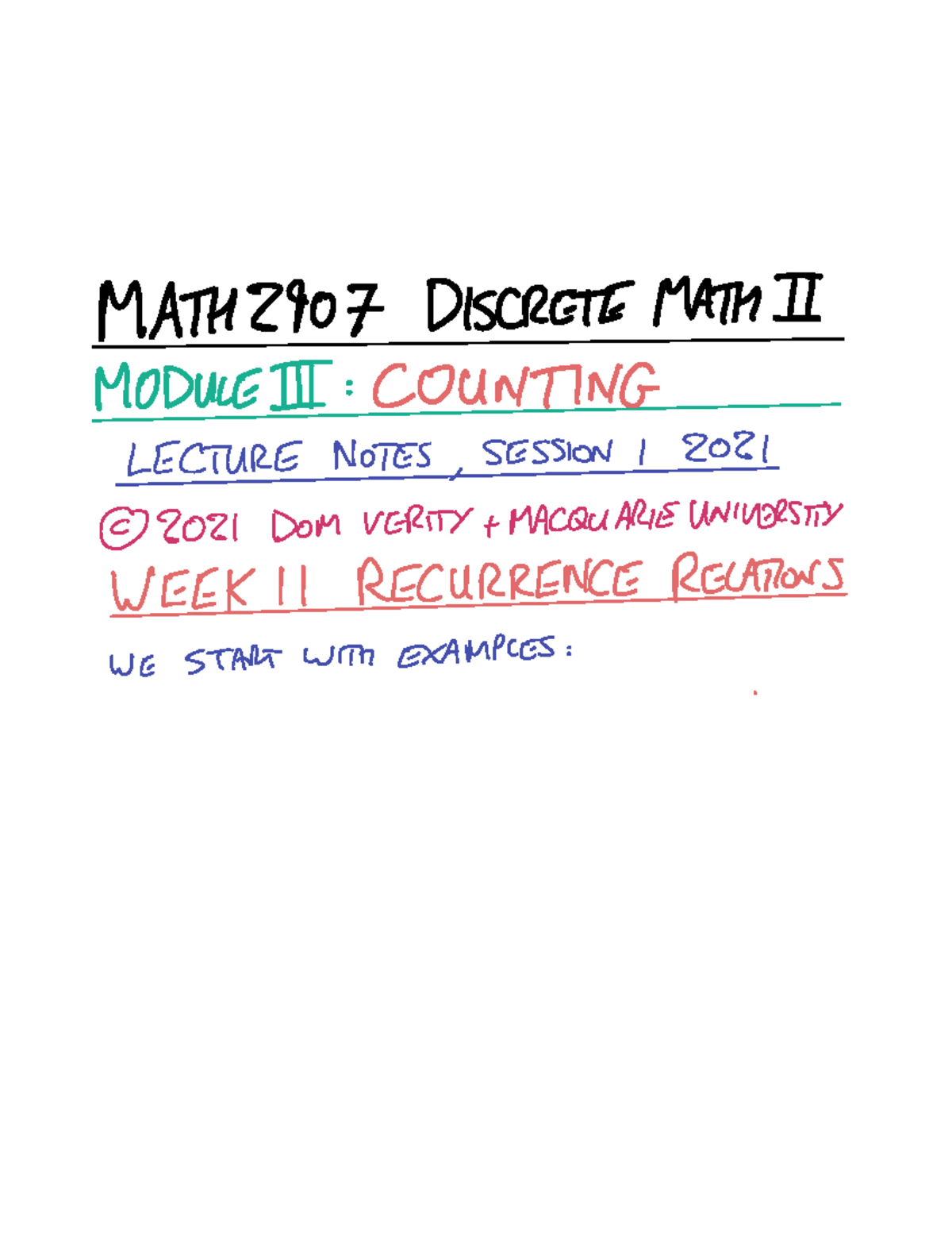 Recurrence relations (WEEK 11 notes) - MATH 8907 DISCRETE MATH II ...