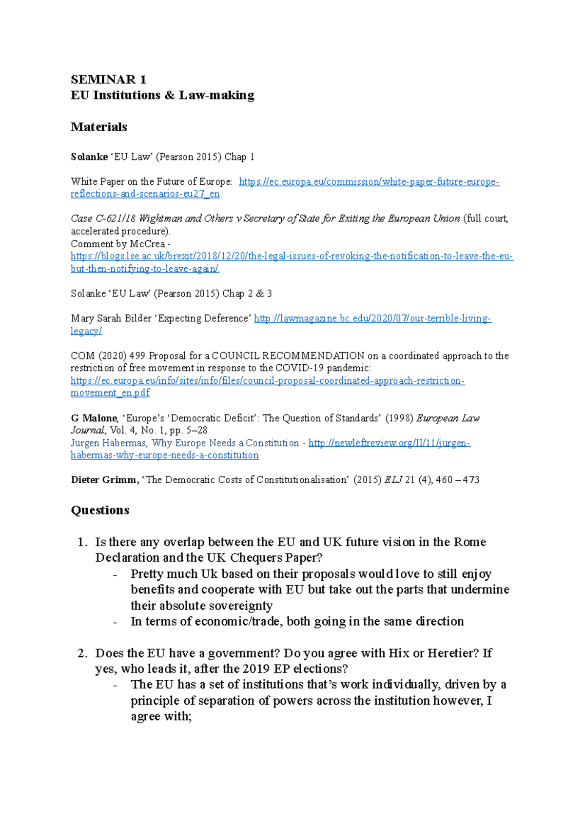 EU Institutions & Law-making - SEMINAR 1 EU Institutions & Law-making ...