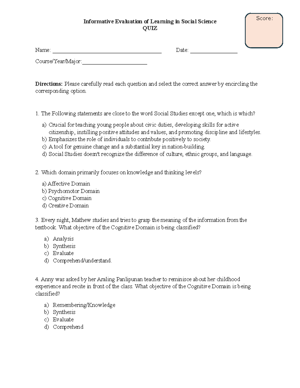 QUIZ - notes - Informative Evaluation of Learning in Social Science ...