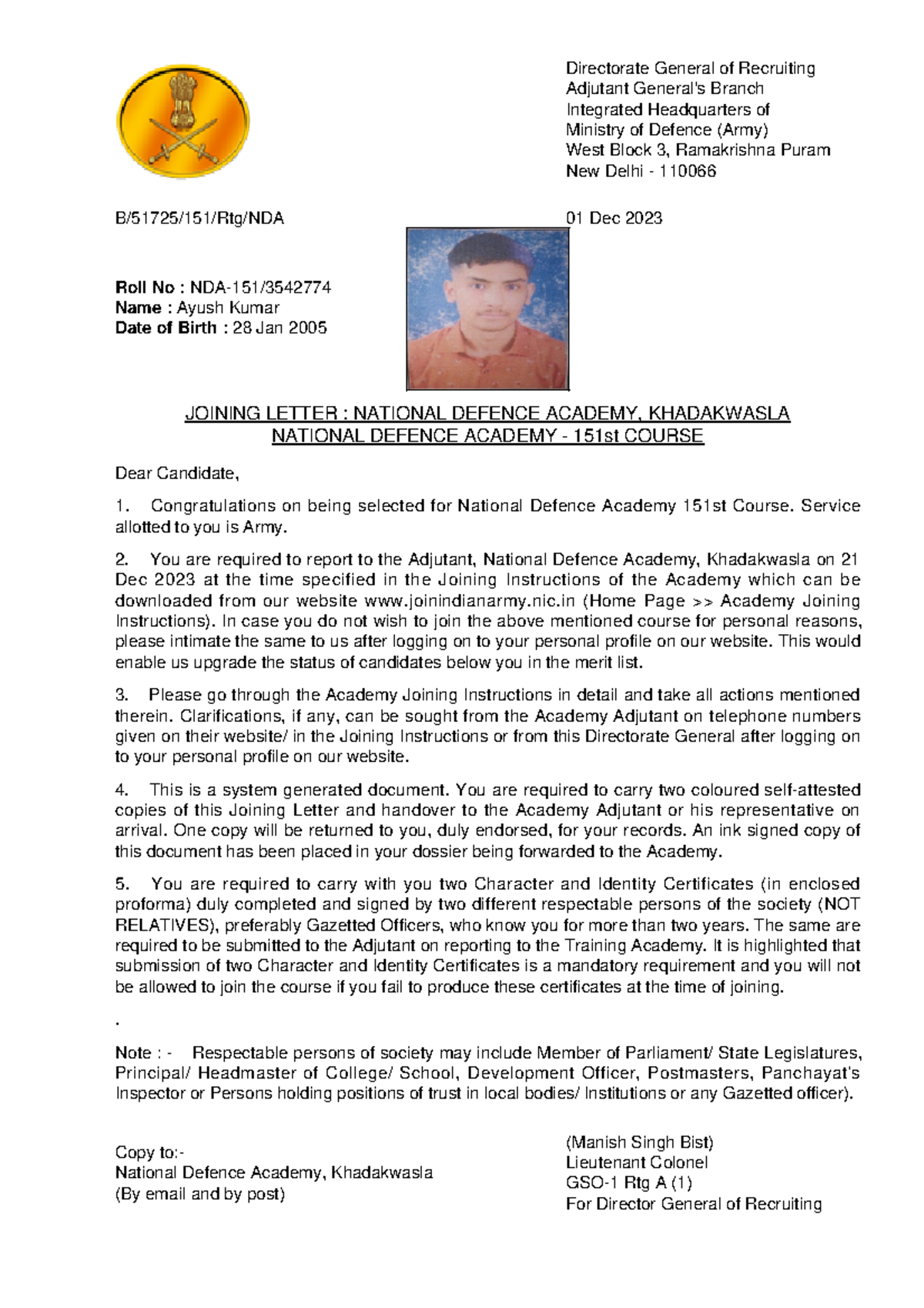 Joining Letter - Notes - Directorate General of Recruiting Adjutant ...