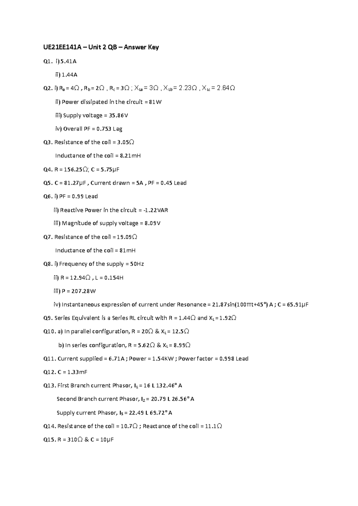 UE21EE141A Unit 2 QB Answer Key - UE21EE141A – Unit 2 QB – Answer Key ...