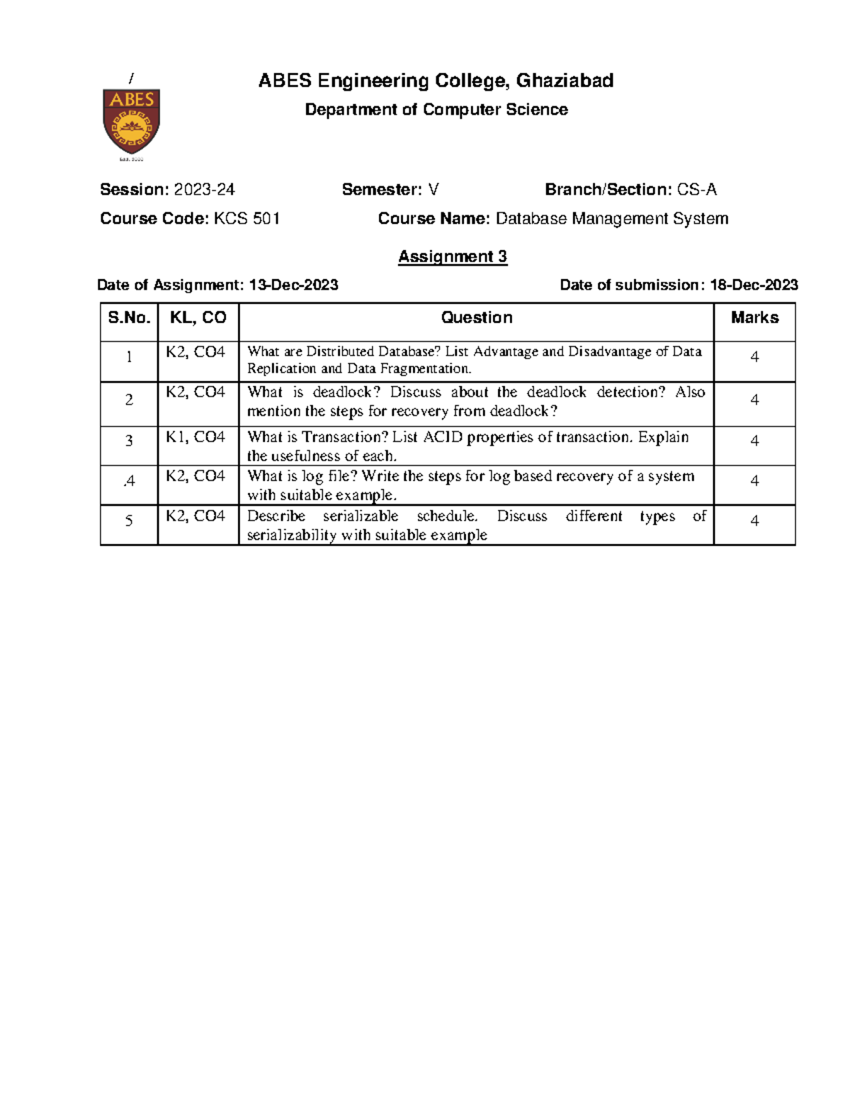 DBMS Assignment-3 - Assignment - / ABES Engineering College, Ghaziabad Department of Computer ...