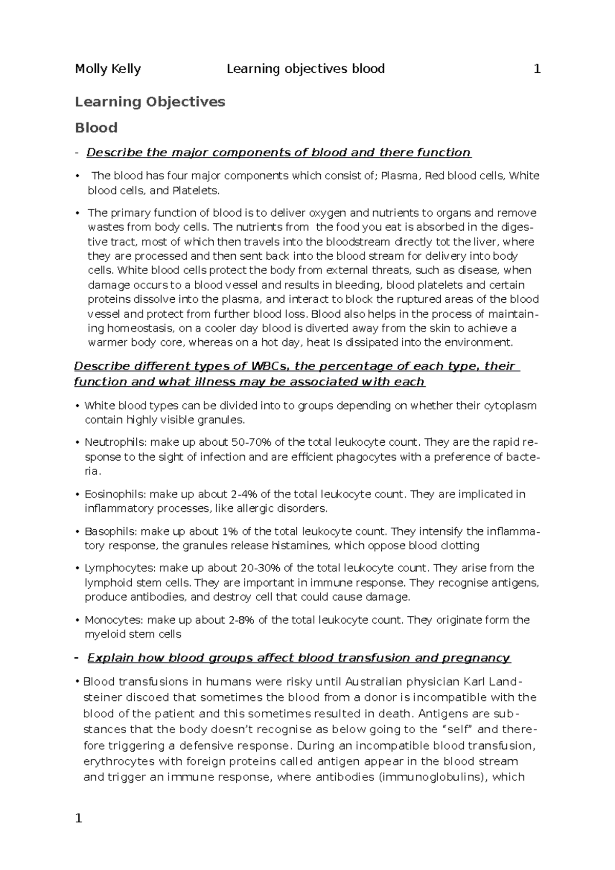 Blood Learning objectives word - Molly Kelly Learning objectives blood ...