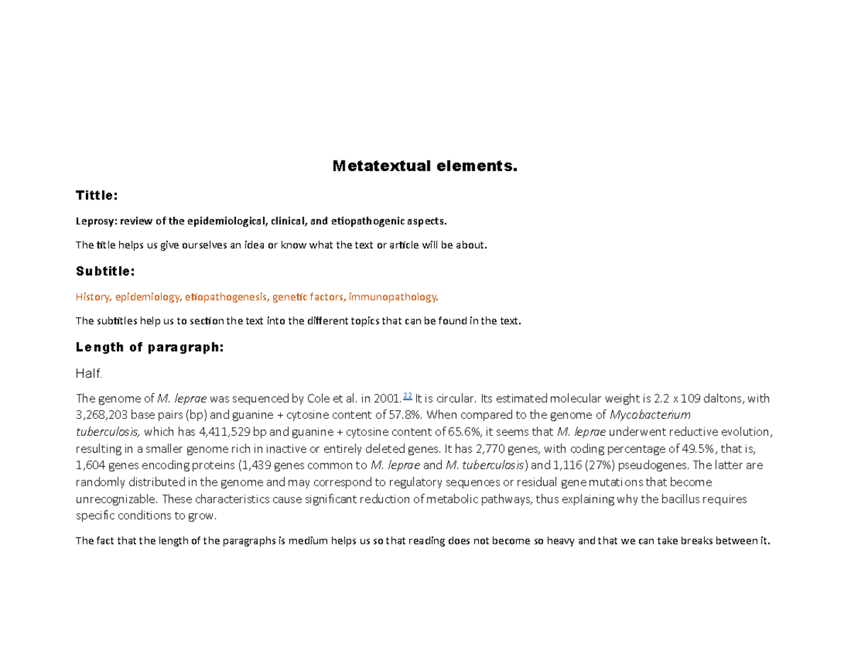 Carpeta unidad 2 - Unit 2 - Metatextual elements. Tittle: Leprosy ...