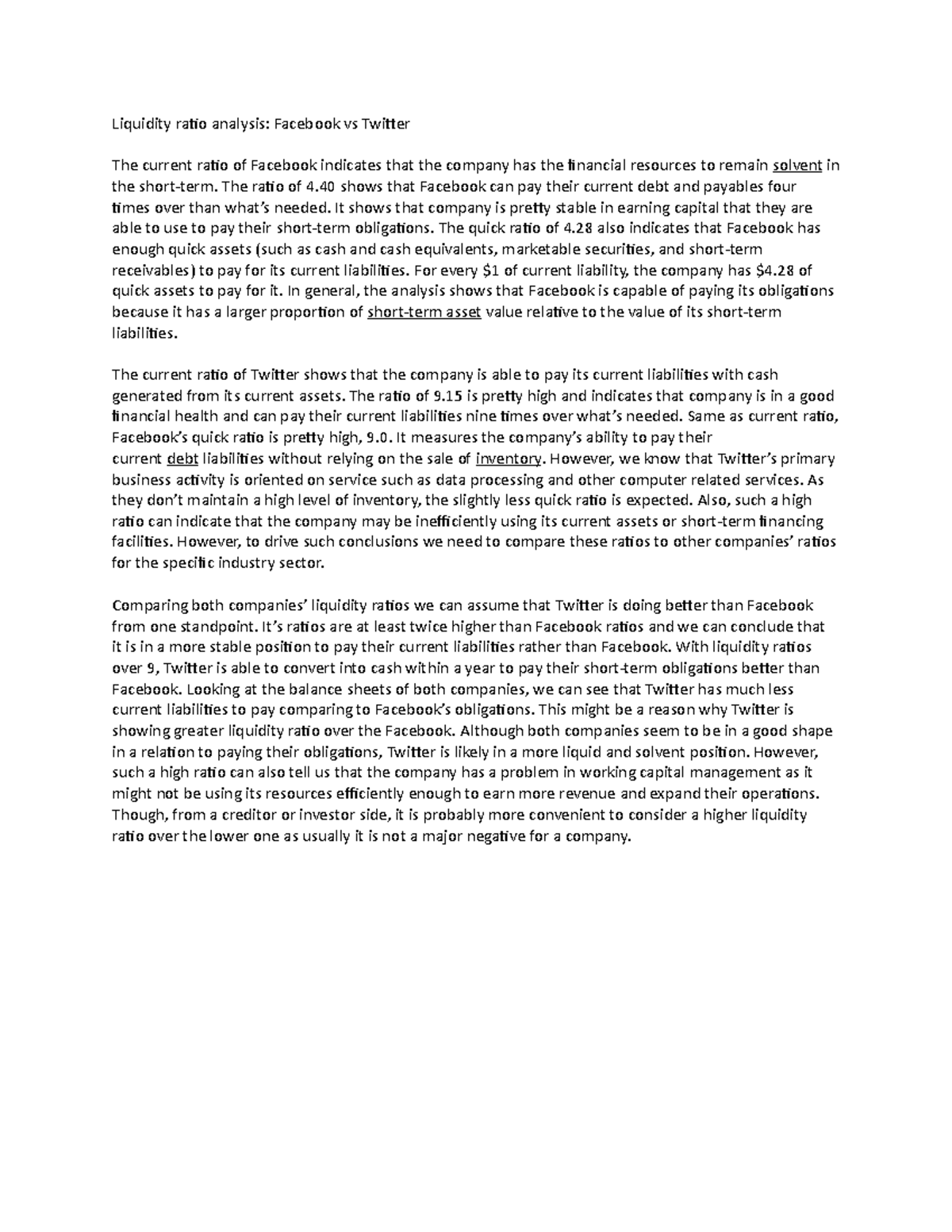 AIS Test 2 Cheat Sheet - Liquidity ratio analysis: Facebook vs Twitter ...