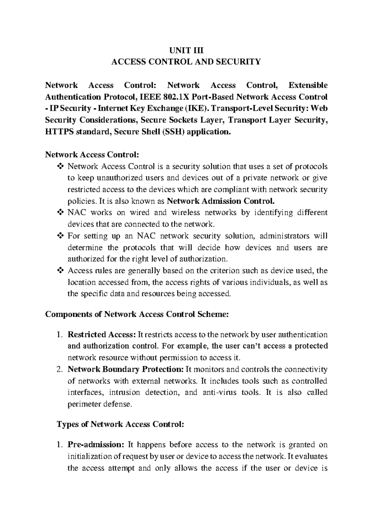 Network security unit 3 - UNIT III ACCESS CONTROL AND SECURITY Network Access Control: Network ...