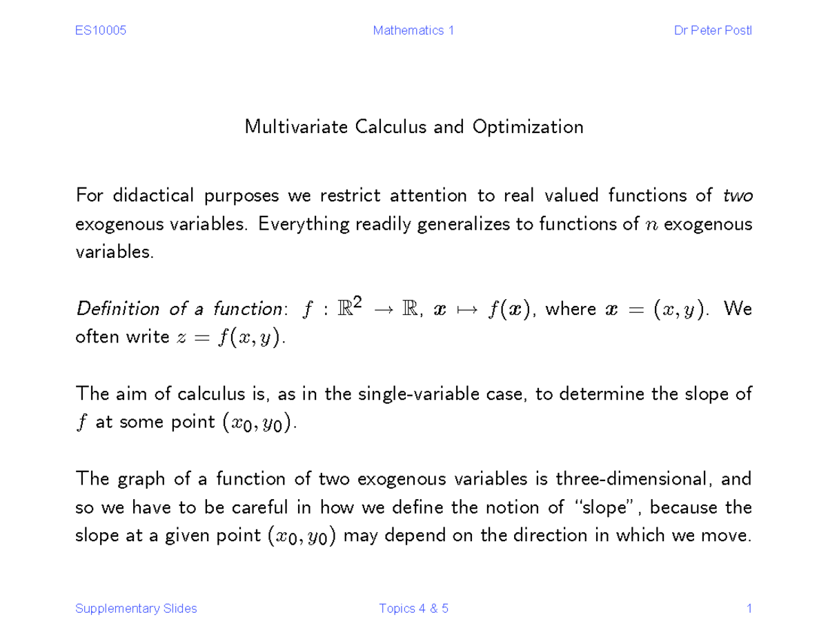 Topic 4 Supplement - Lecture notes 4 - Mathematics 1 Dr Peter Postl ...