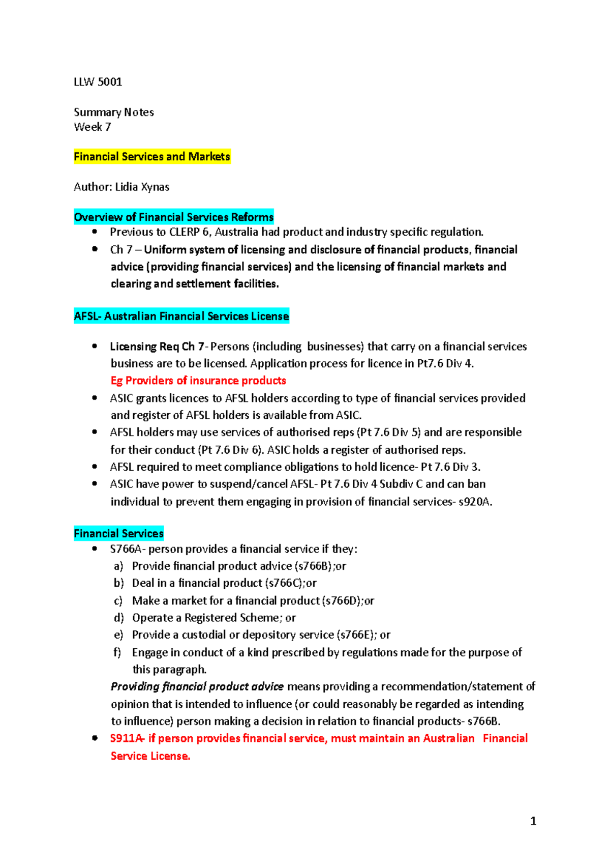 Summary Notes Financial Services and Markets - LLW 5001 Summary Notes ...