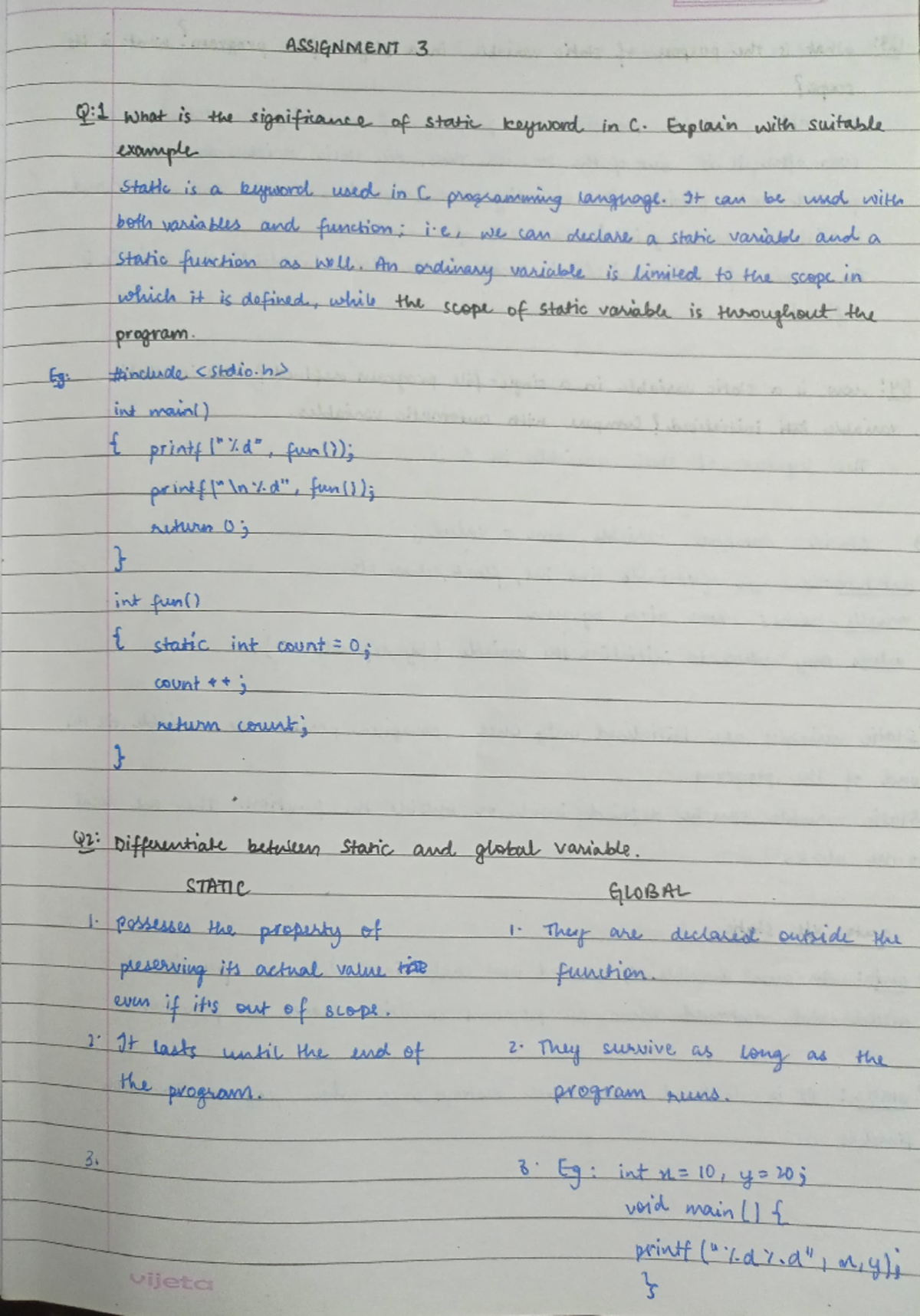 Manav Mehta, CSE113 Assignment 3 - ASSIGNMeNI 3 Lha is te signifiaant Df stai koyword in C - Studocu