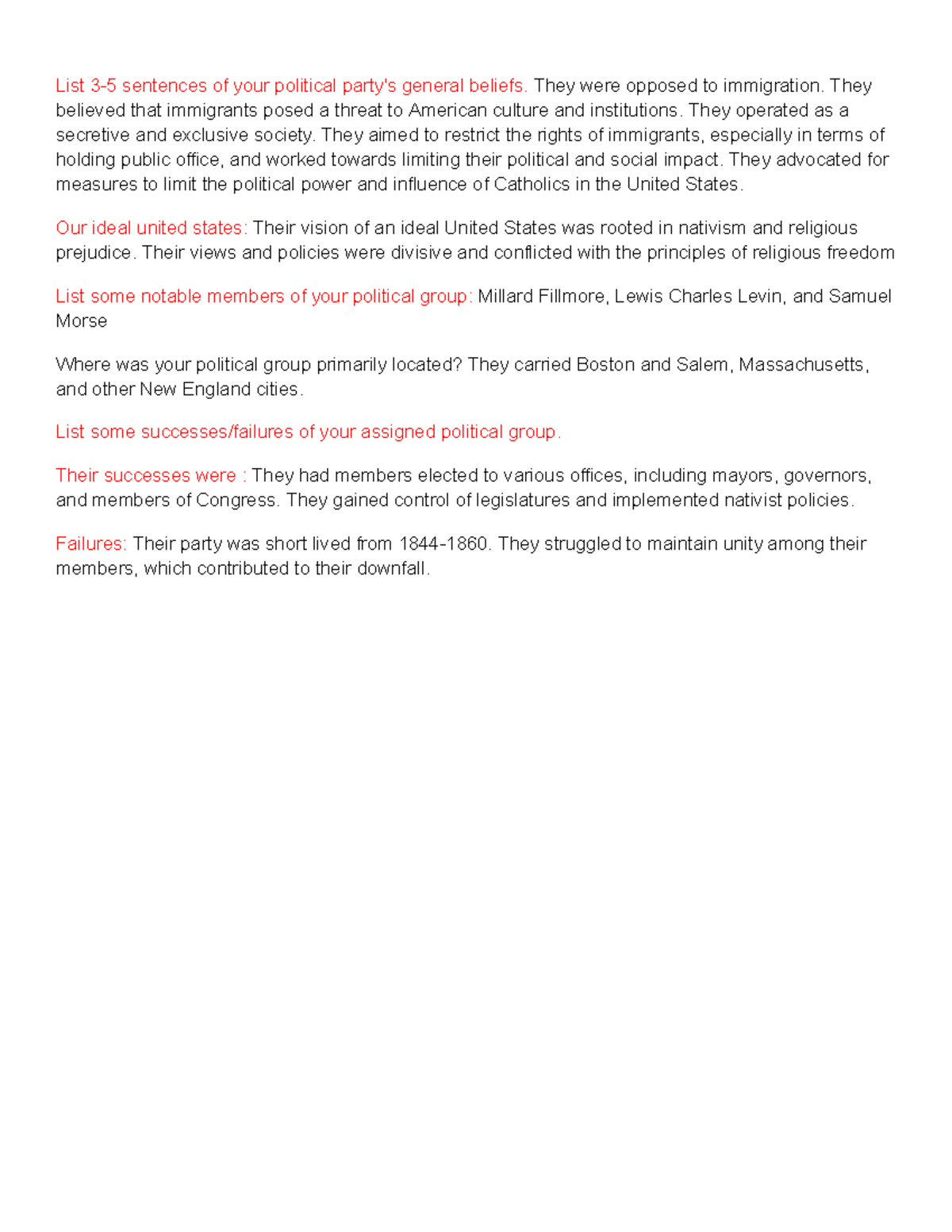 The Know Nothings - jahhah - List 3-5 sentences of your political party ...