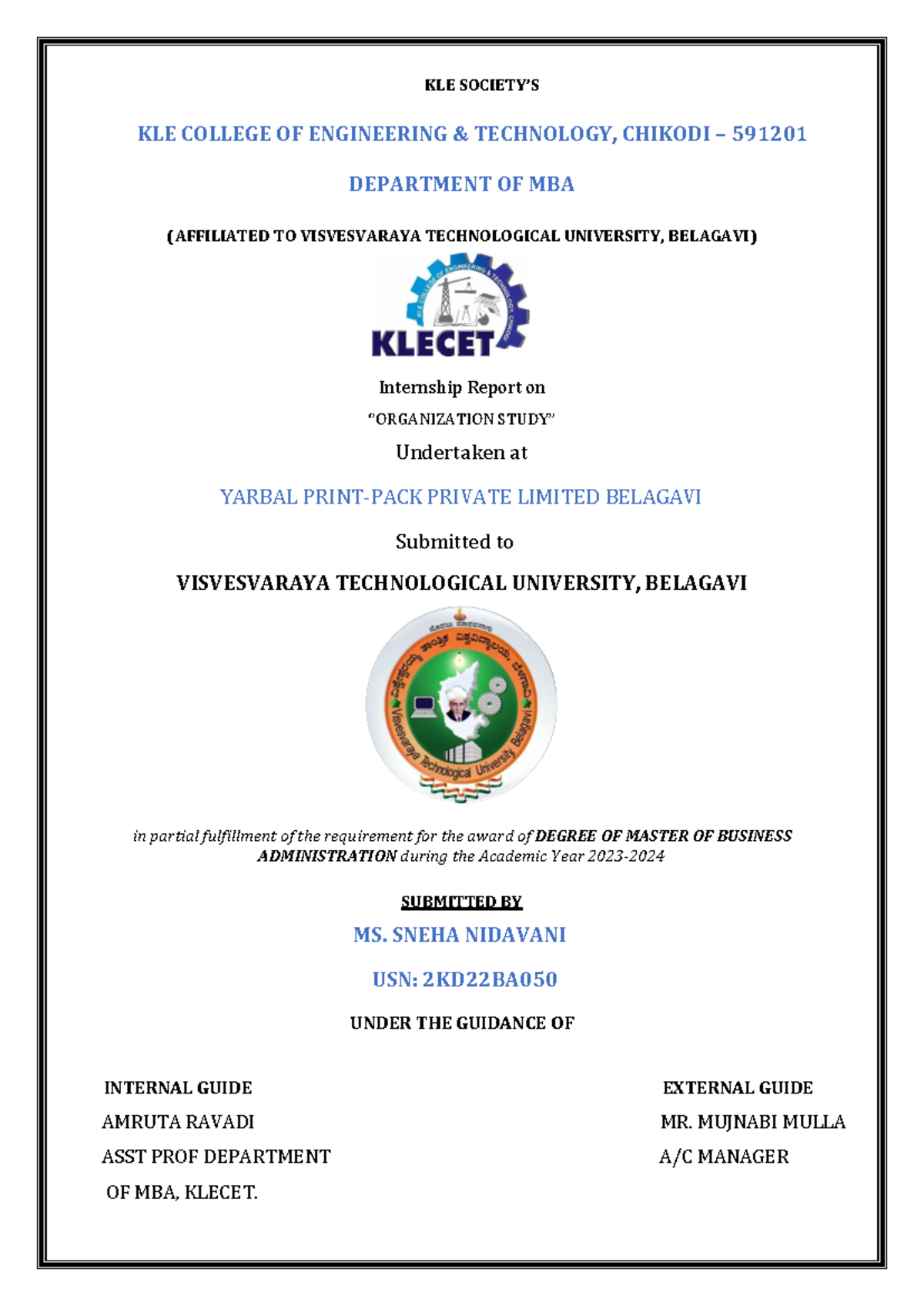 Sneha N 2KD22BA050 Final Initial Pages - KLE SOCIETY’S KLE COLLEGE OF ...