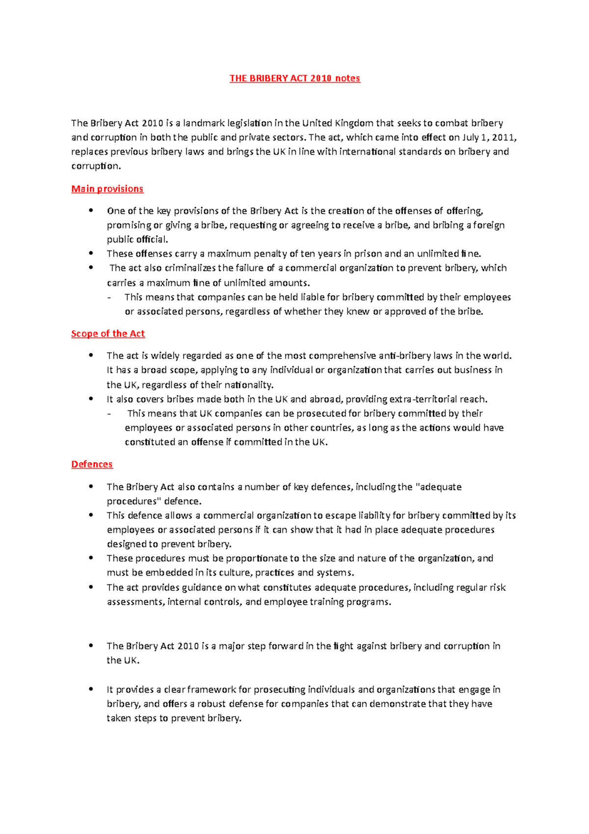 The Bribery Act 2010 notes - THE BRIBERY ACT 2010 notes The Bribery Act ...
