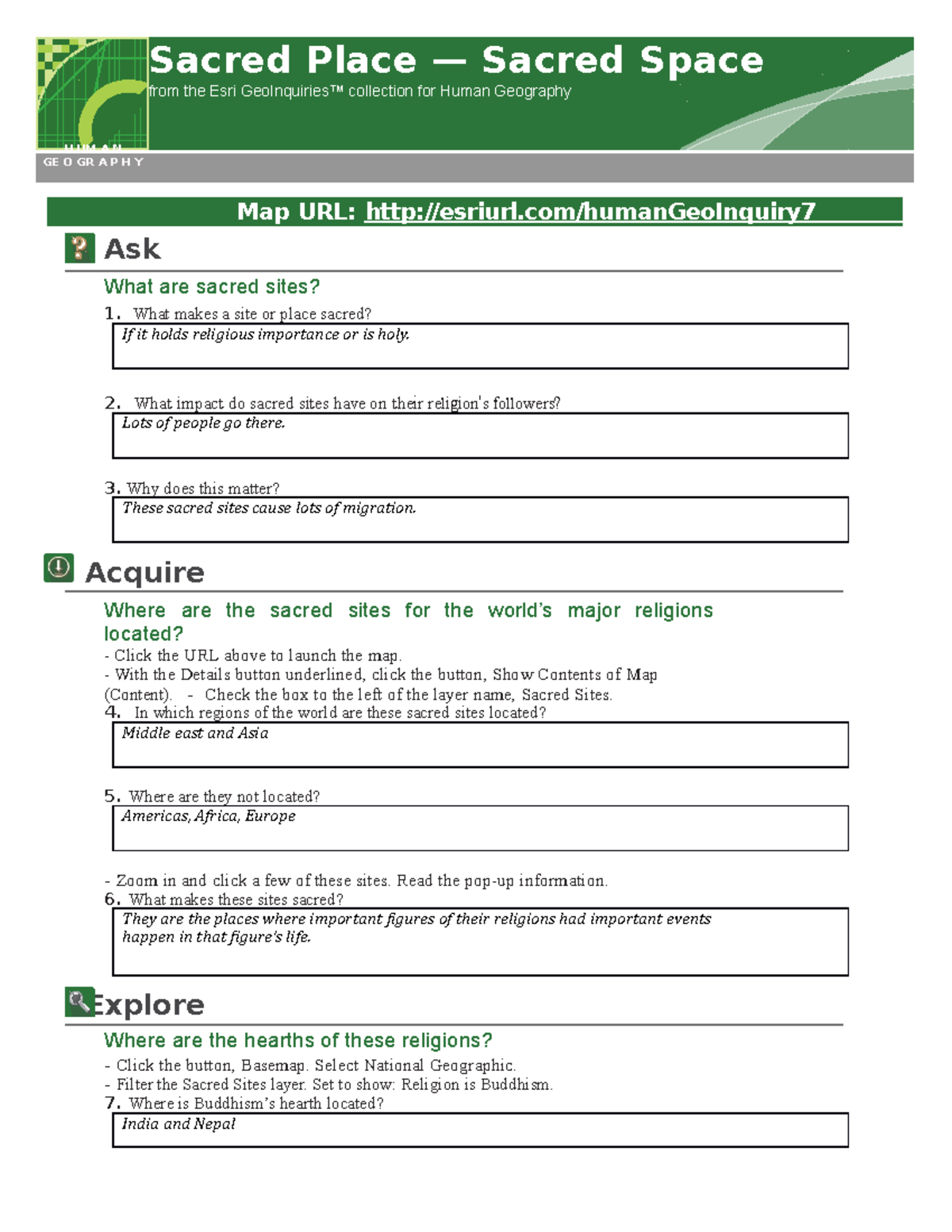 7 sacred sites Human Geography geoinquiry - Map URL: esriurl ...