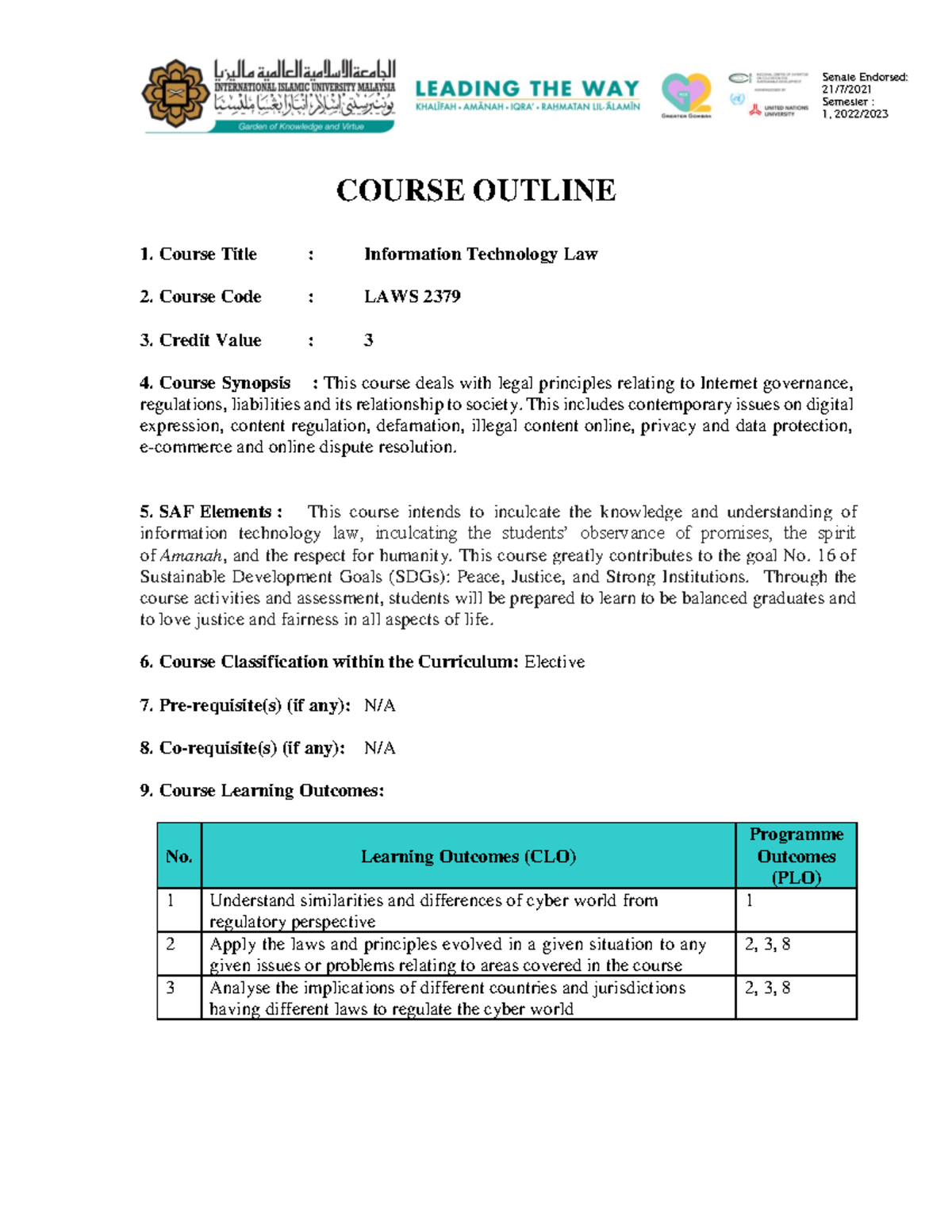 Course outline IT LAW LAWS2379 - Senate Endorsed: 21/7/ Semester : 1 ...