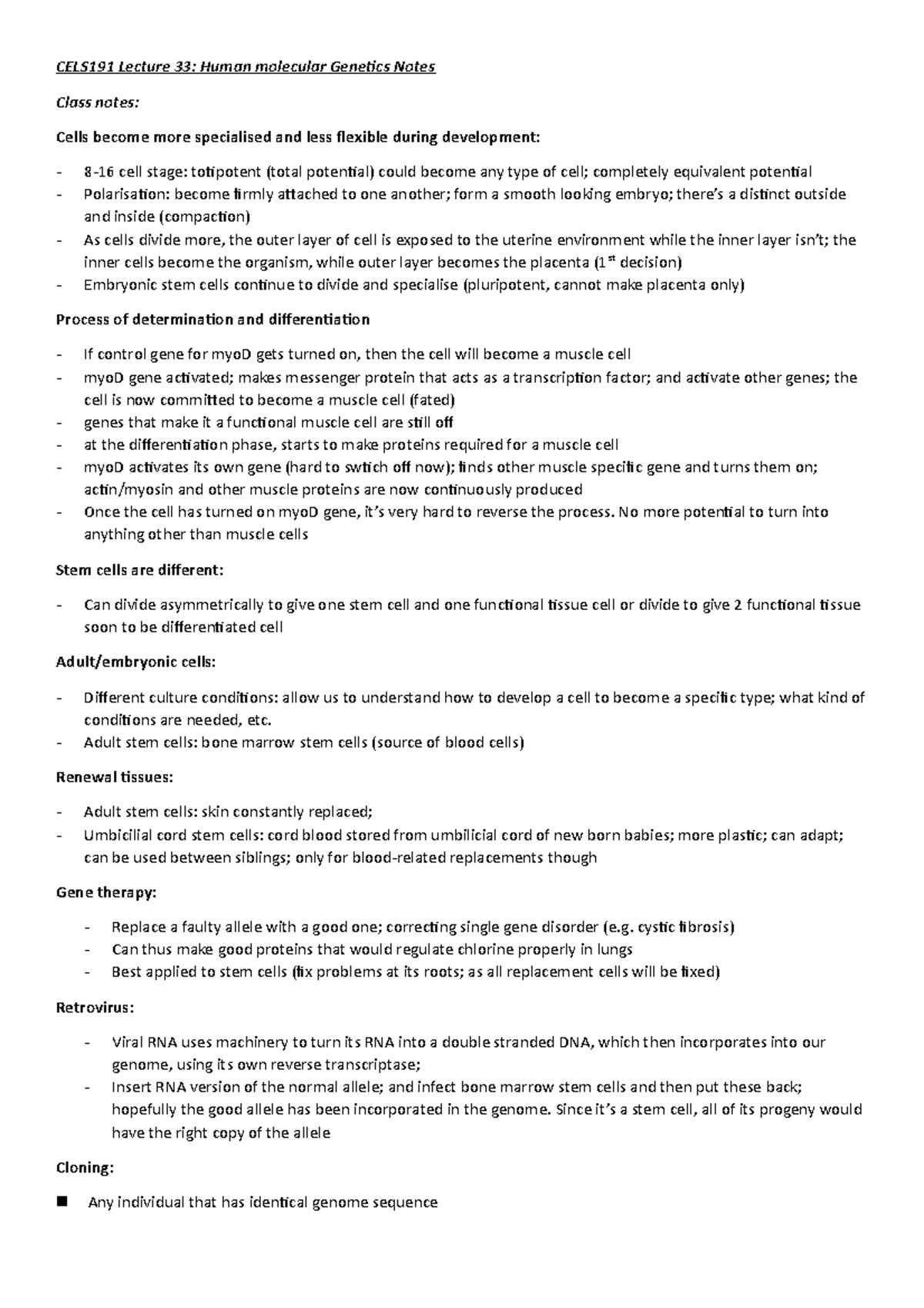 CELS191 Lecture 33 notes - CELS191 Lecture 33: Human molecular Genetics ...