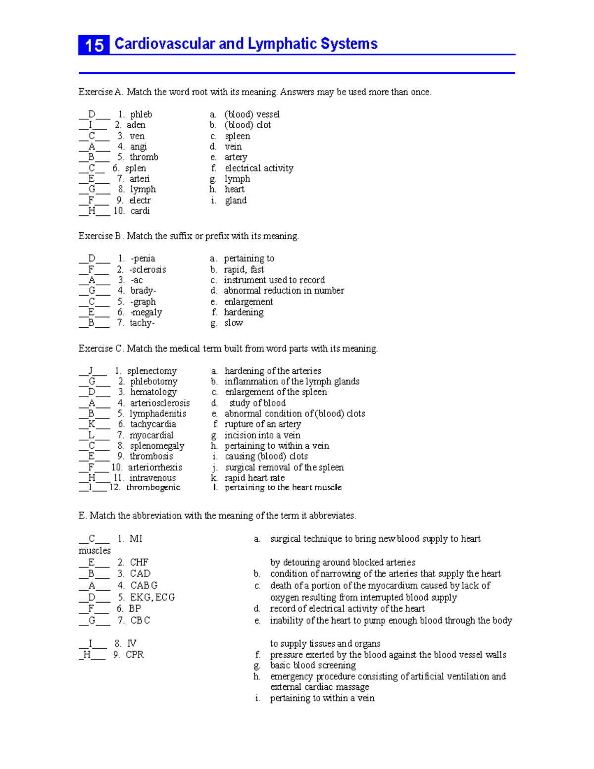 Medical Terminology Exam 2 15 Cardiovascular And Lymphatic Systems 