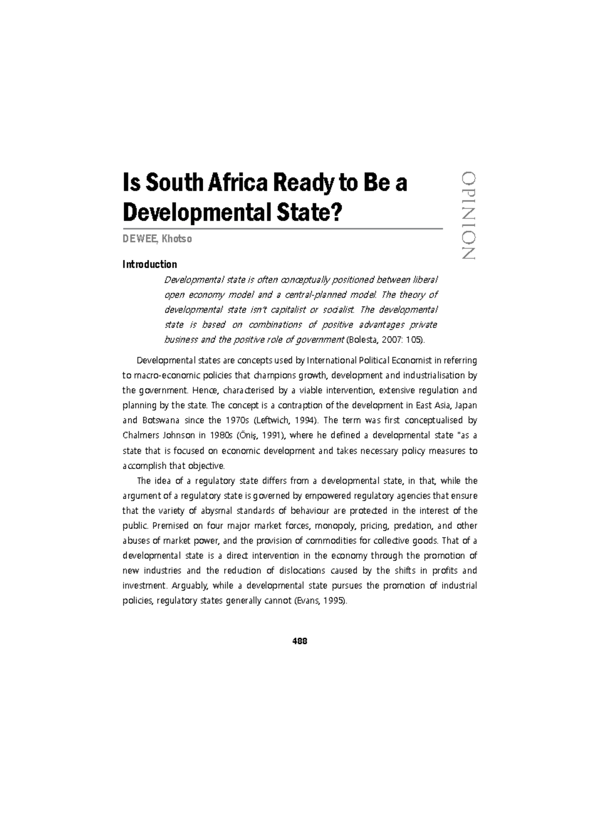 De Wee. Is South Africa Ready to be a Developmental State - 488 Is ...