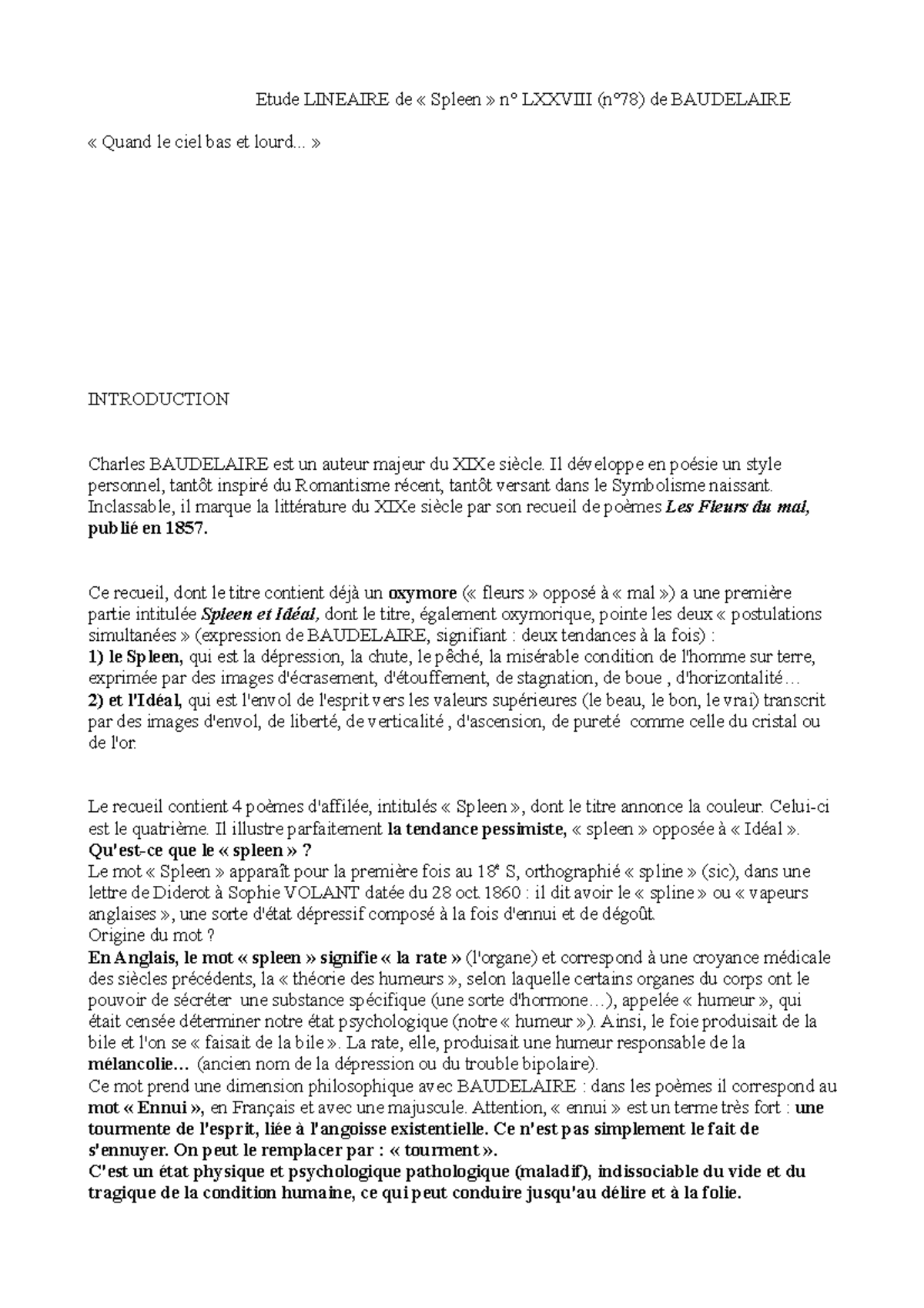 Etude lineaire de spleen quand le ciel bas et lourd - Etude LINEAIRE de « Spleen » n° LXXVIII (n ...