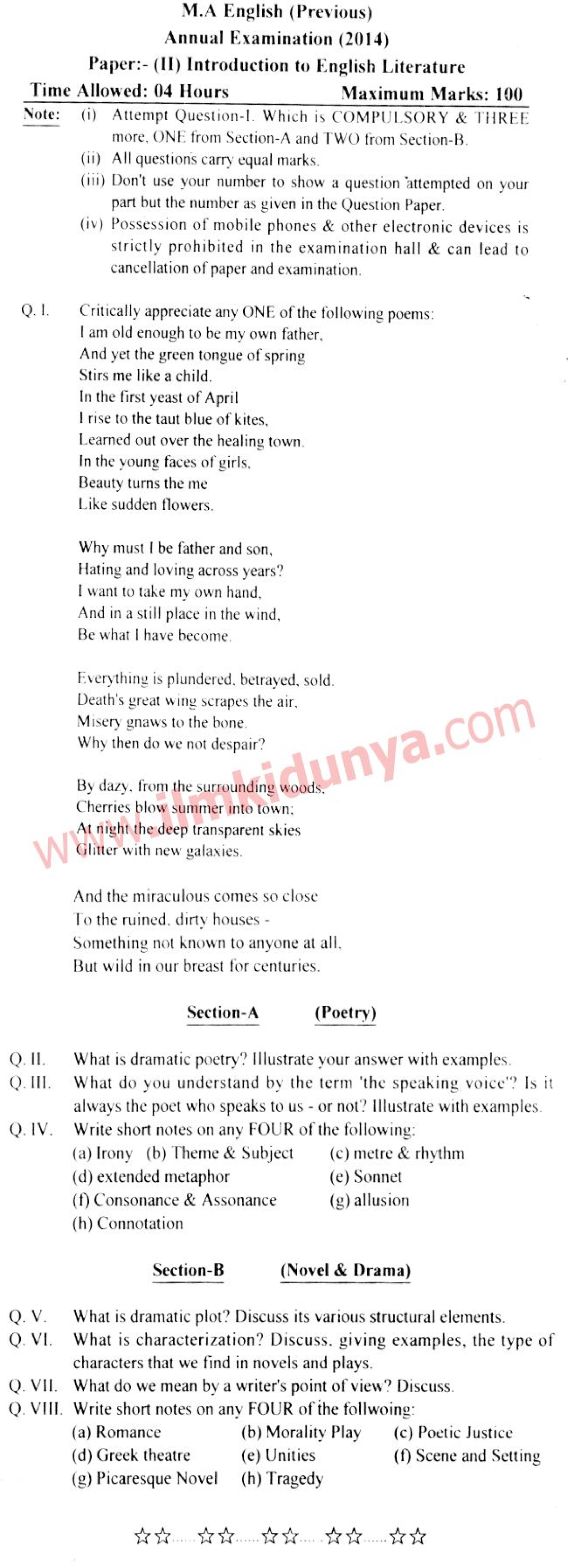 Past Papers 2014 Peshawar University MA Part 1 English Paper 2 - Studocu