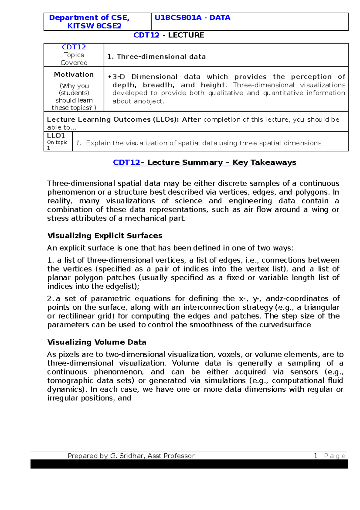 DV CDT12 - Three-Dimensional Data - Department of CSE, KITSW 8CSE U18CS801A – DATA CDT12 ...