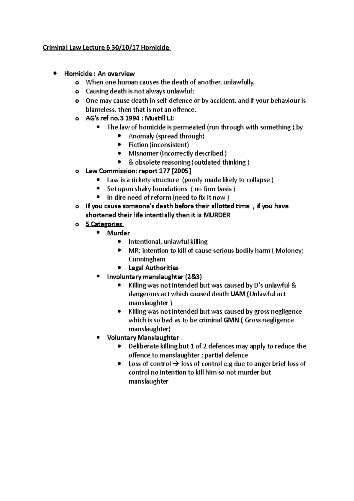 Criminal Law Lecture 6 30 - Criminal Law Lecture 6 30/10/17 Homicide ...