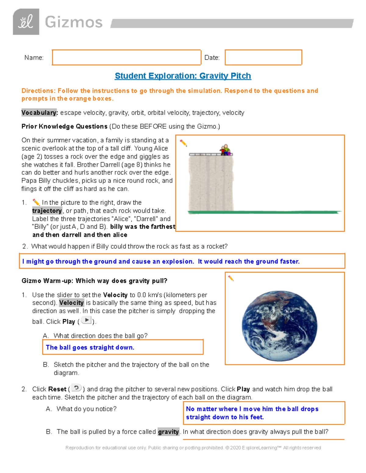 Copy of Gravity Pitch SE - Name: Date: Student Exploration: Gravity ...