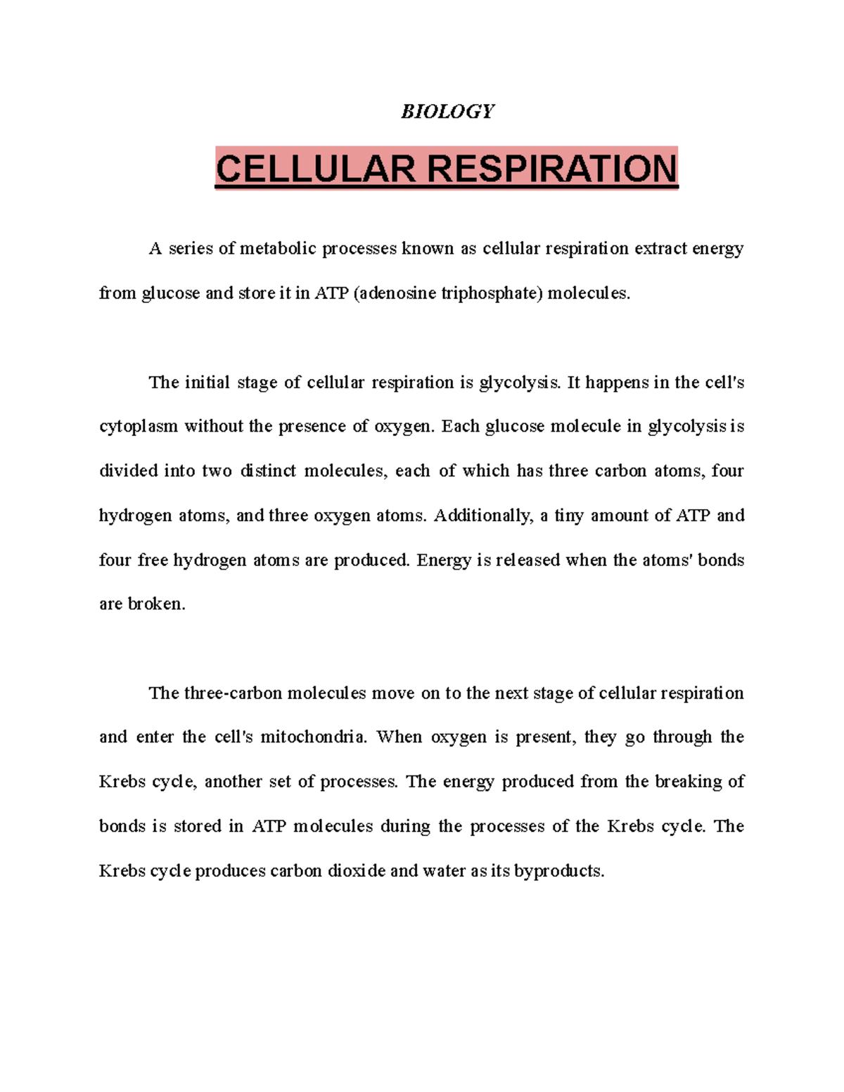 Biology - Cellular Respiration - BIOLOGY CELLULAR RESPIRATION A series ...