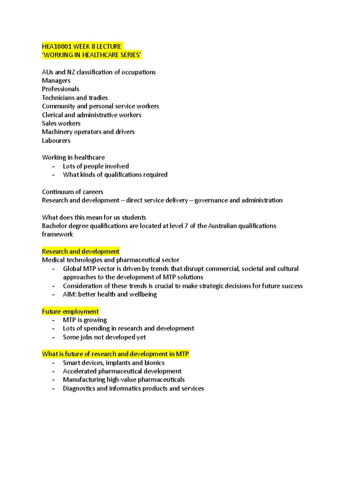 HEA10001 WEEK 8 Lecture - HEA10001 WEEK 8 LECTURE ‘WORKING IN ...