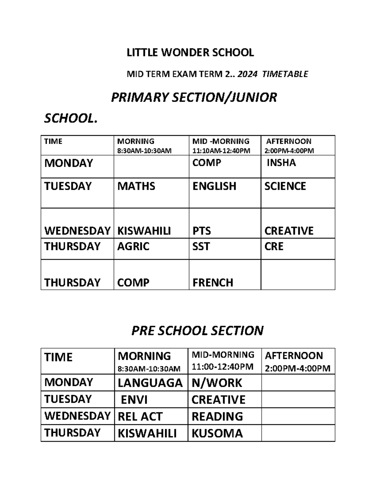 Primary Section EXAM Timetable TERM TWO 2024 - LITTLE WONDER SCHOOL MID ...