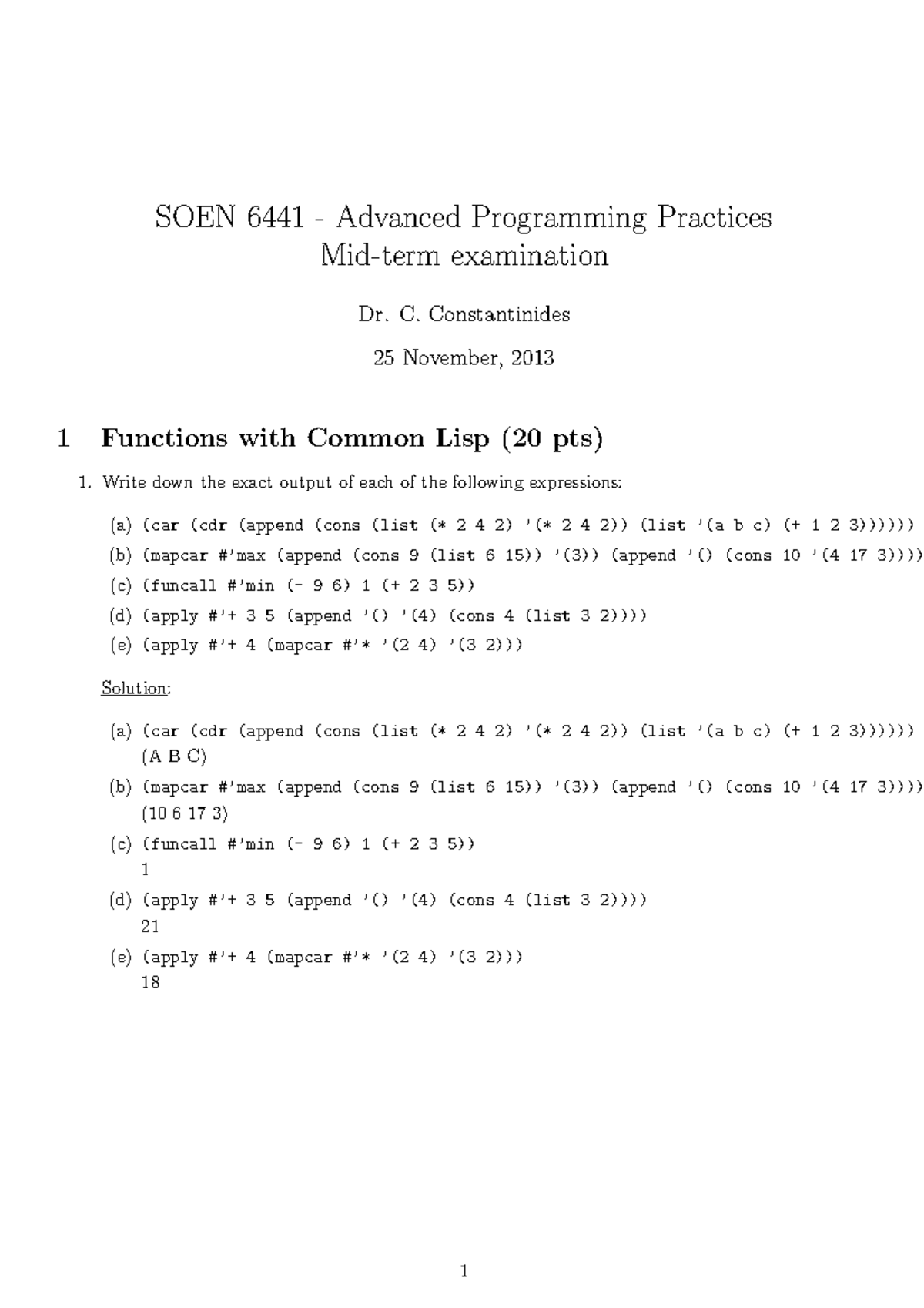 2013 Fall - Exam Study Guide - SOEN 6441 - Advanced Programming Practices Mid-term examination ...