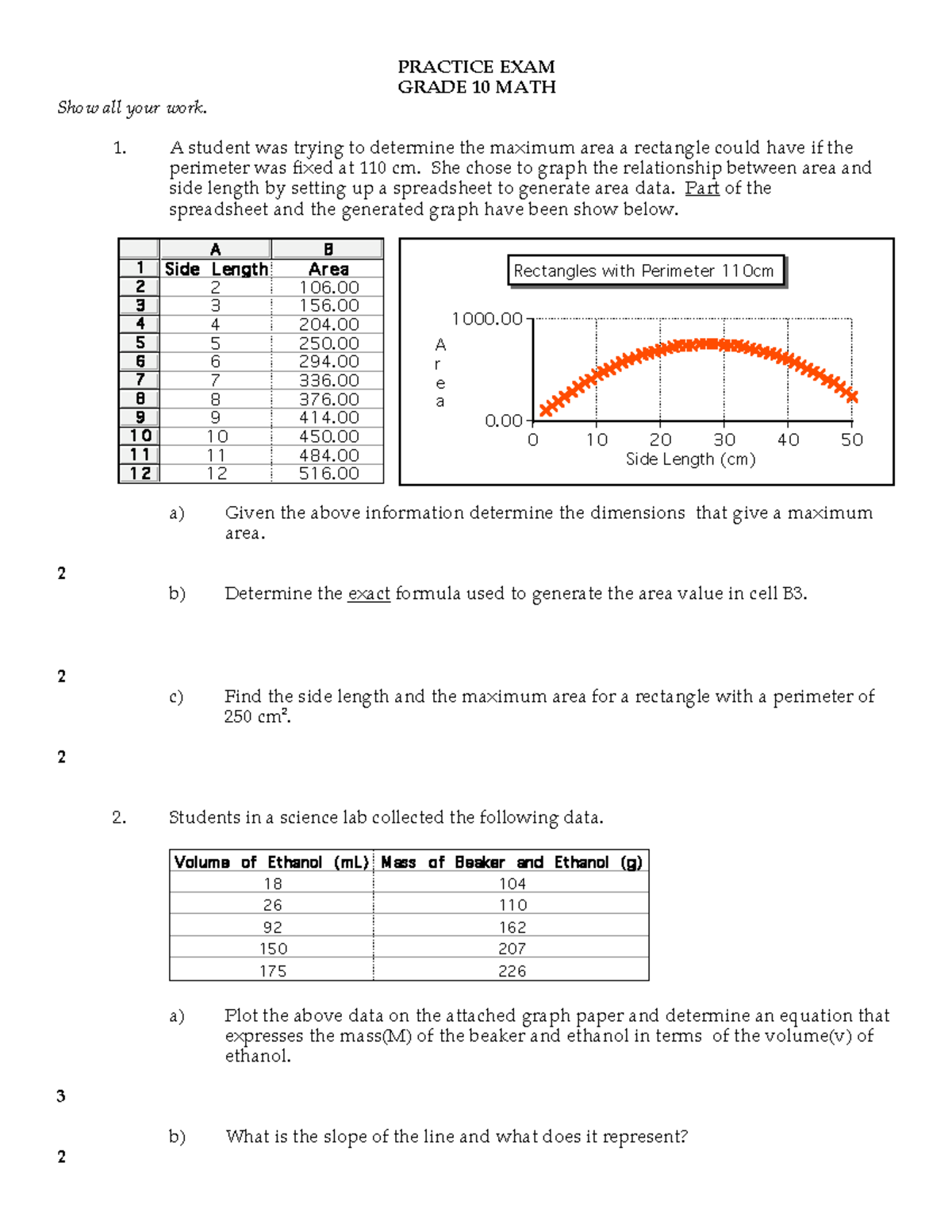 10Math Practice Exam - EXAM - PRACTICE EXAM GRADE 10 MATH Show all your ...