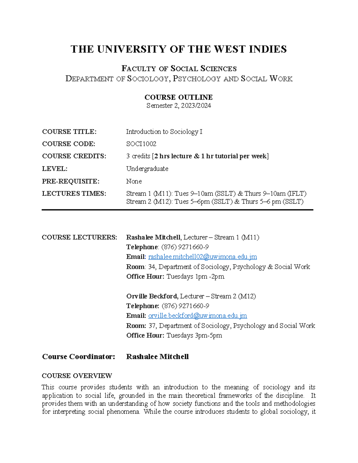 SOCI1002 Course Outline sem 2 2024 Amended - THE UNIVERSITY OF THE WEST ...
