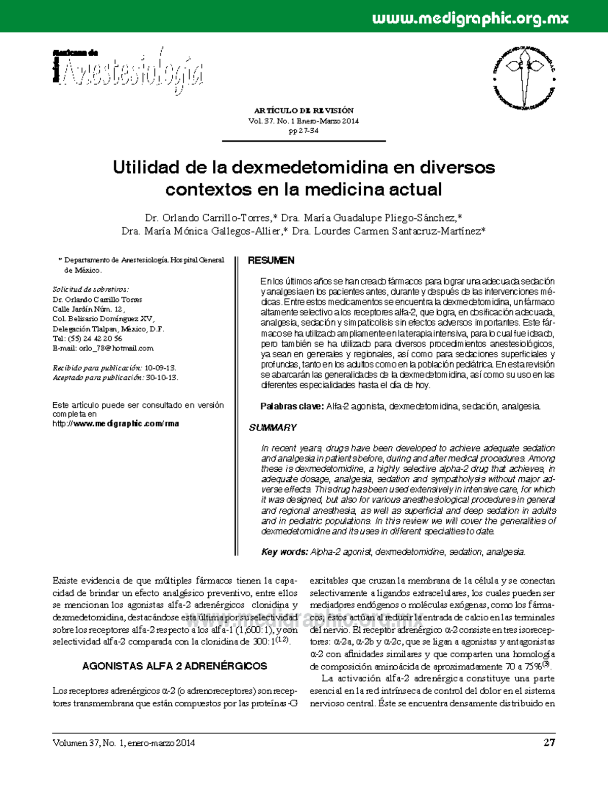 Dexmedetomidina medigra - Volumen 37, No. 1, enero-marzo 2014 27 ...