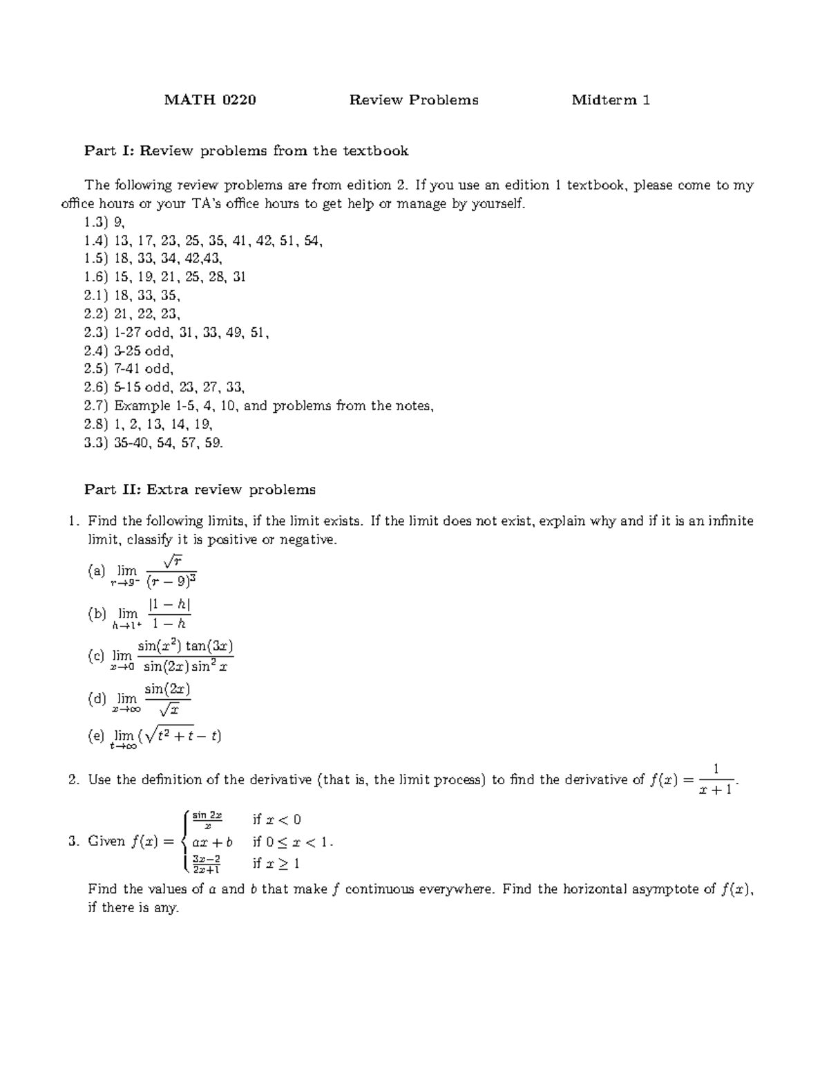 Math0220 M1 review - practice fun - MATH 0220 Review Problems Midterm 1 Part I: Review problems ...