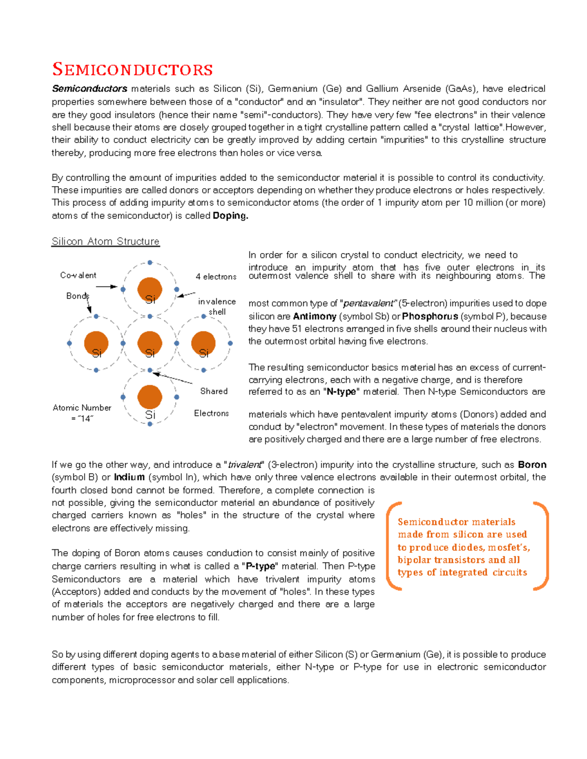 Semiconductors - Basic Electronics - SEMICONDUCTORS Semiconductors materials such as Silicon (Si ...
