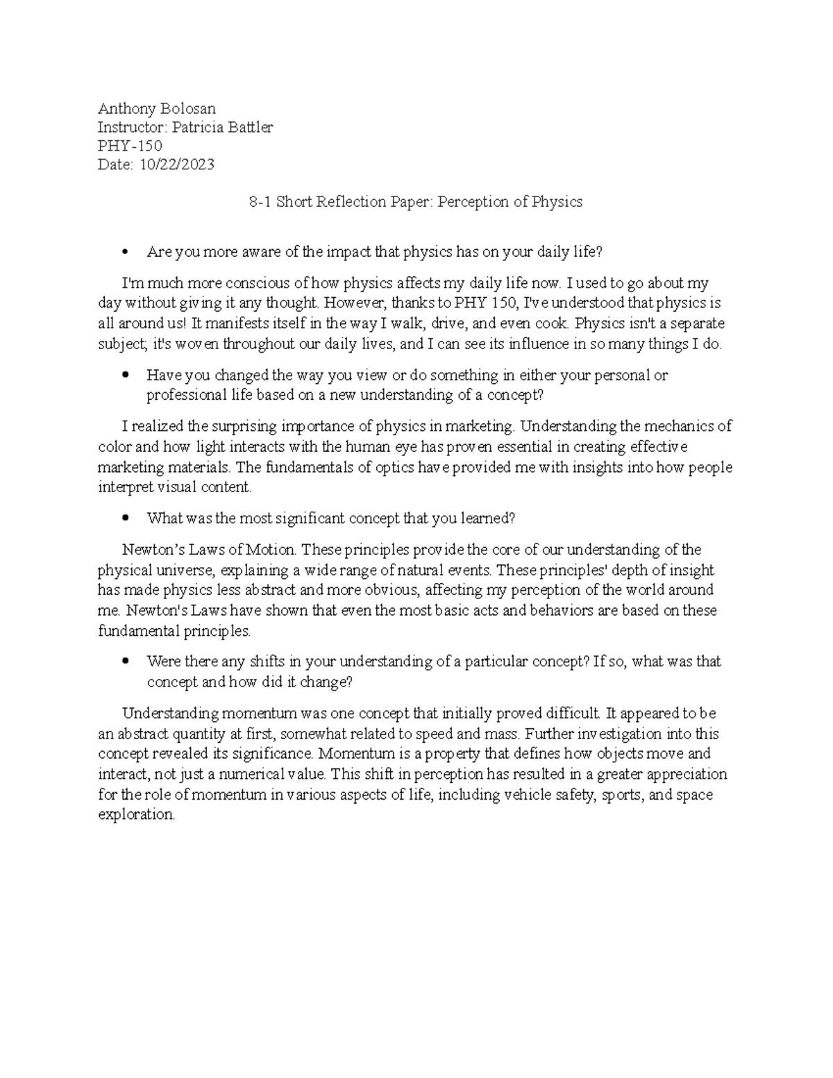 PHY 150 8-1 Short Reflection Paper - Anthony Bolosan Instructor ...