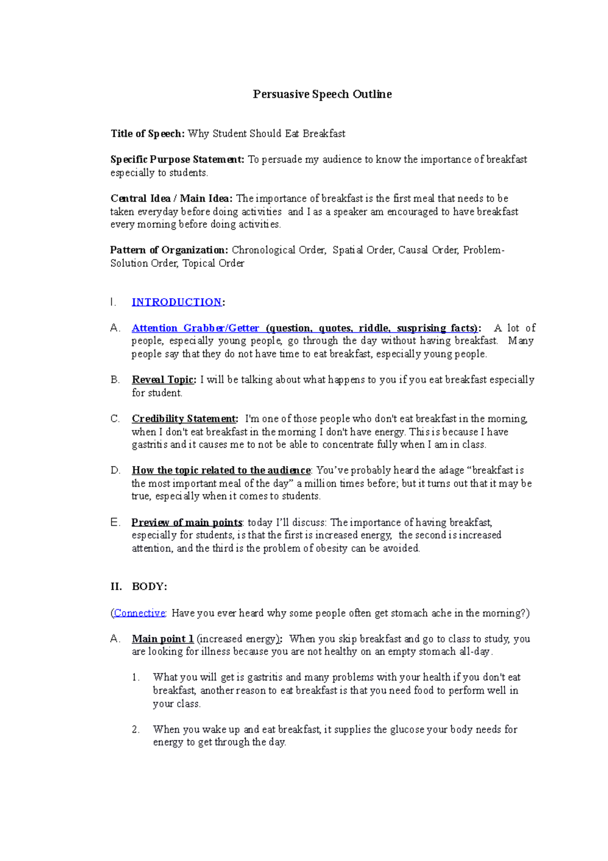 Persuasive Speech Outline - Persuasive Speech Outline Title of Speech ...