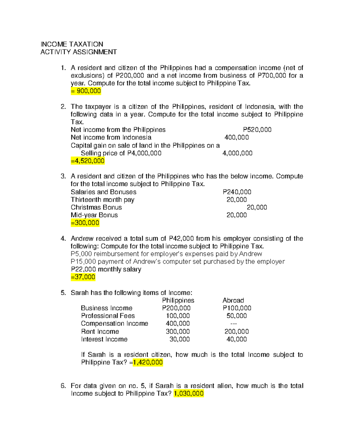 A resident and citizen of the Philippines had a compensation income ...
