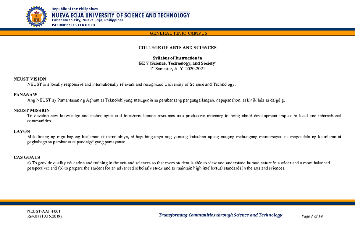 GE7 Syllabus 1st Sem AY 2020 2021 3 - NEUST-AAF-F Cabanatuan City, Nueva Ecija, Philippines ISO ...