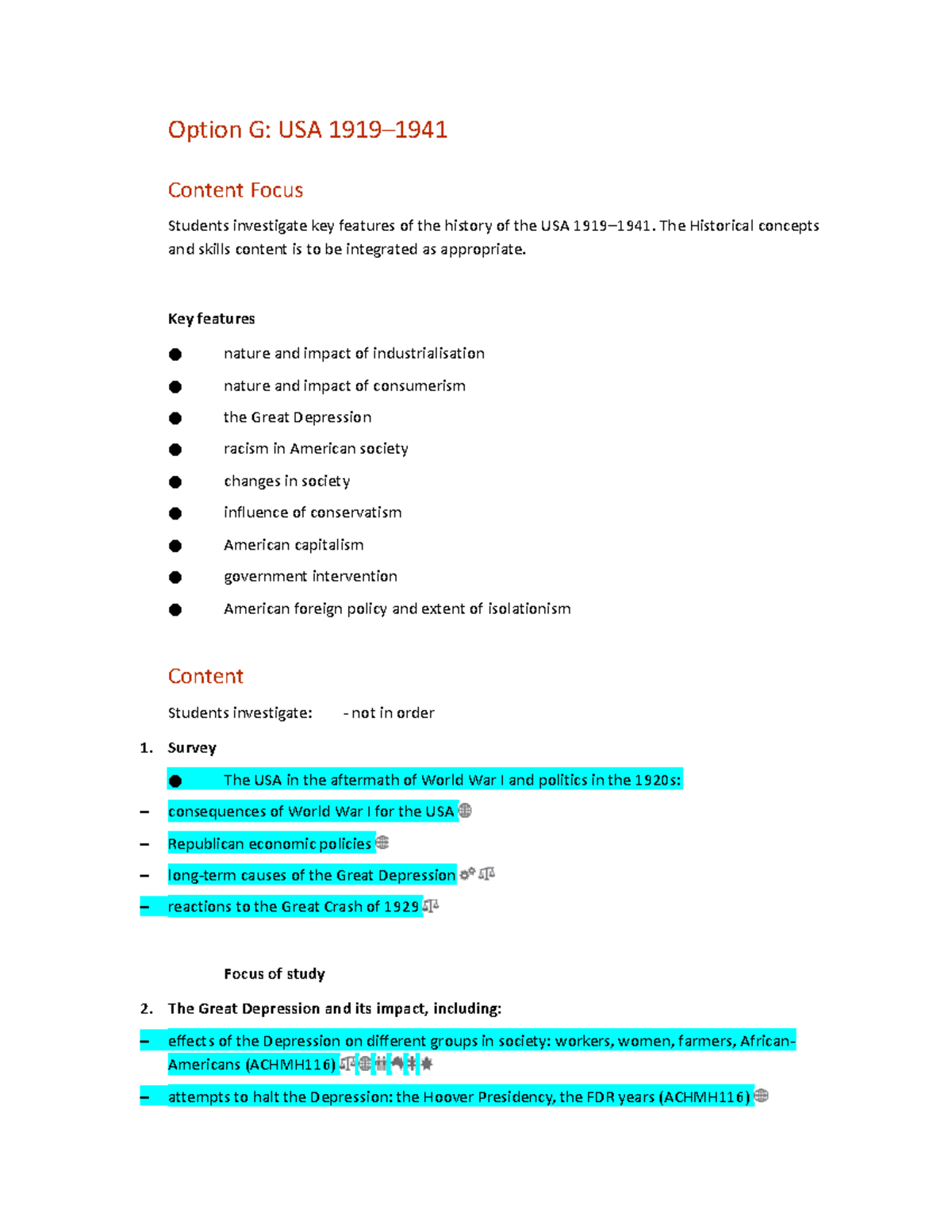 Option G USA 1919–1941 - notes - Option G: USA 1919– Content Focus ...
