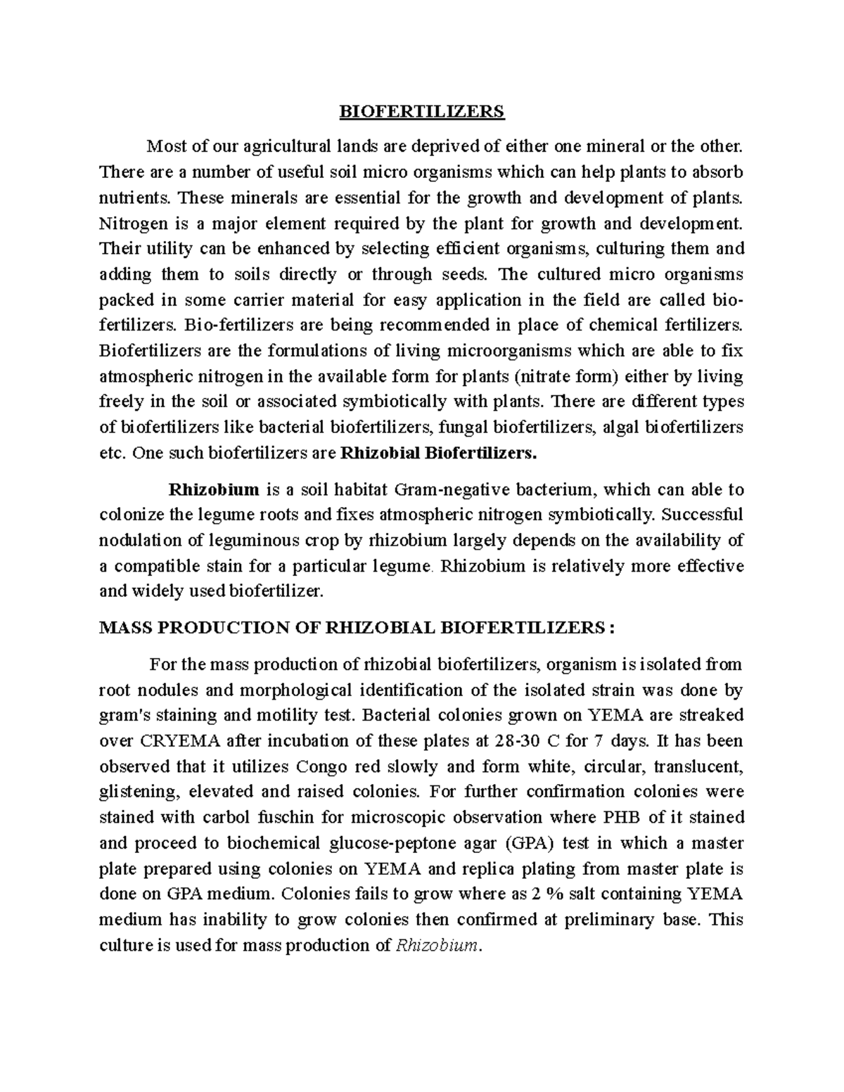 Rhizobial Biofertilizer - BIOFERTILIZERS Most of our agricultural lands ...