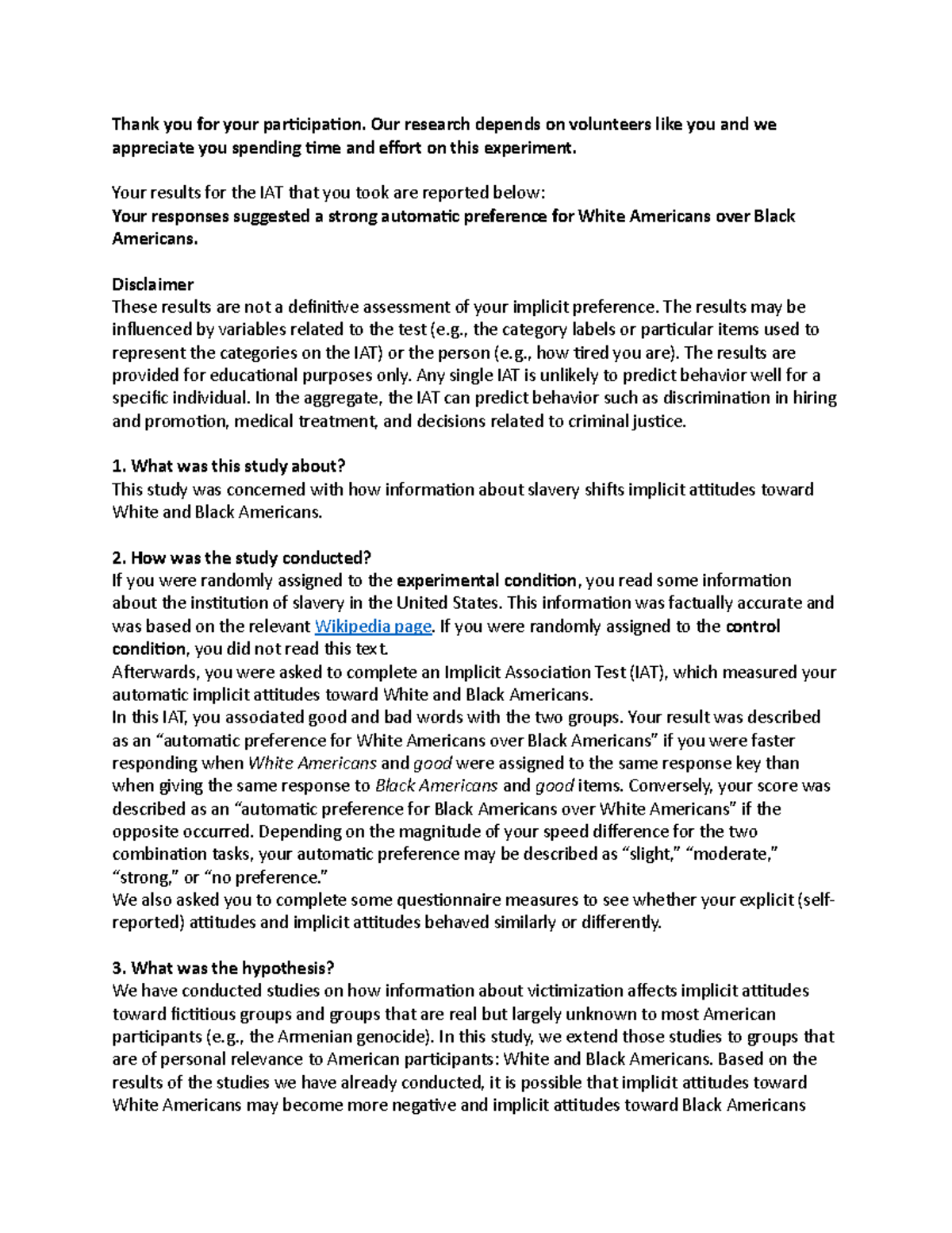 Thank you for your participation - Our research depends on volunteers ...