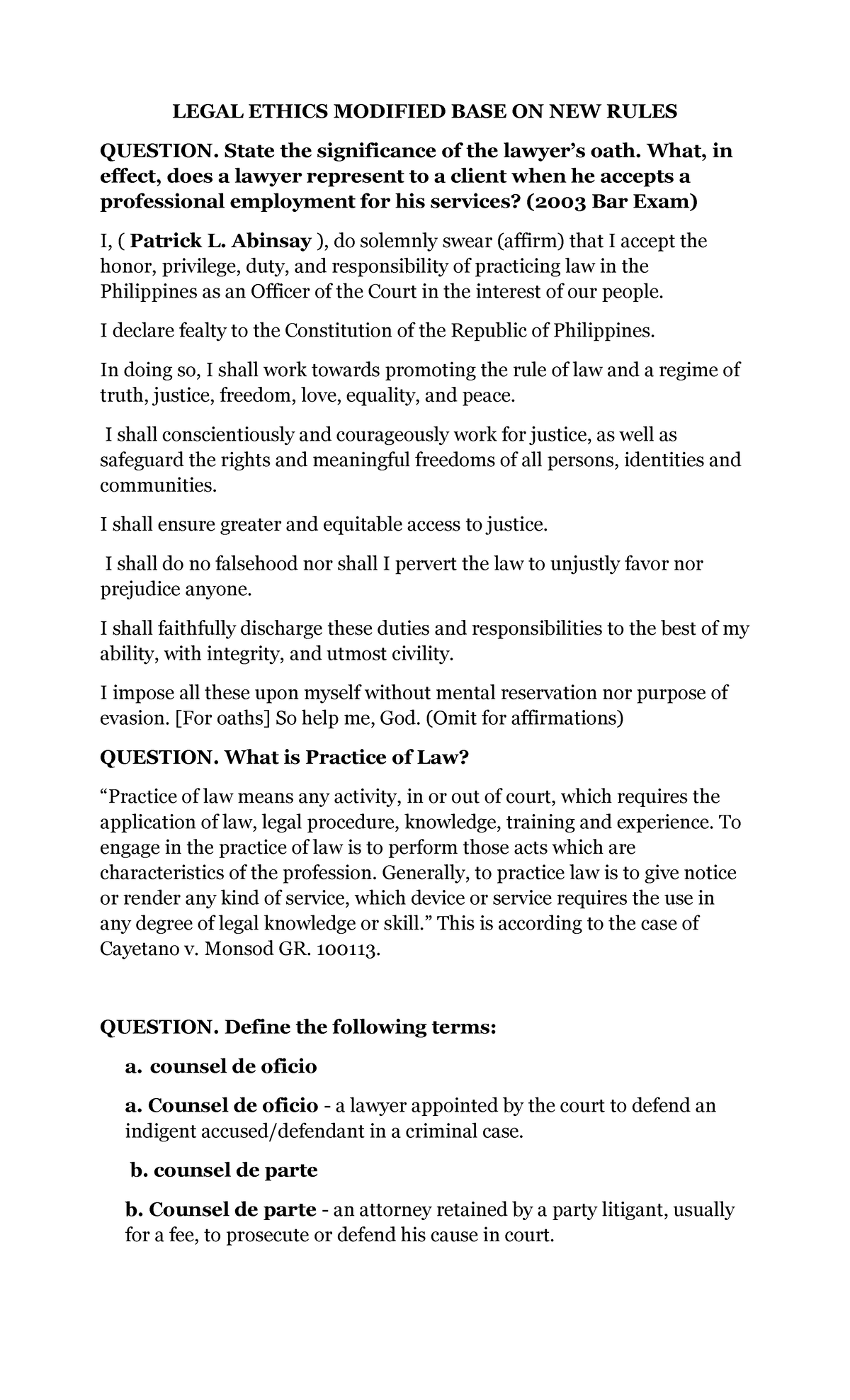 Legal Ethics Qand A Base on New CPRA and Lawyer's Oath - LEGAL ETHICS MODIFIED BASE ON NEW RULES ...