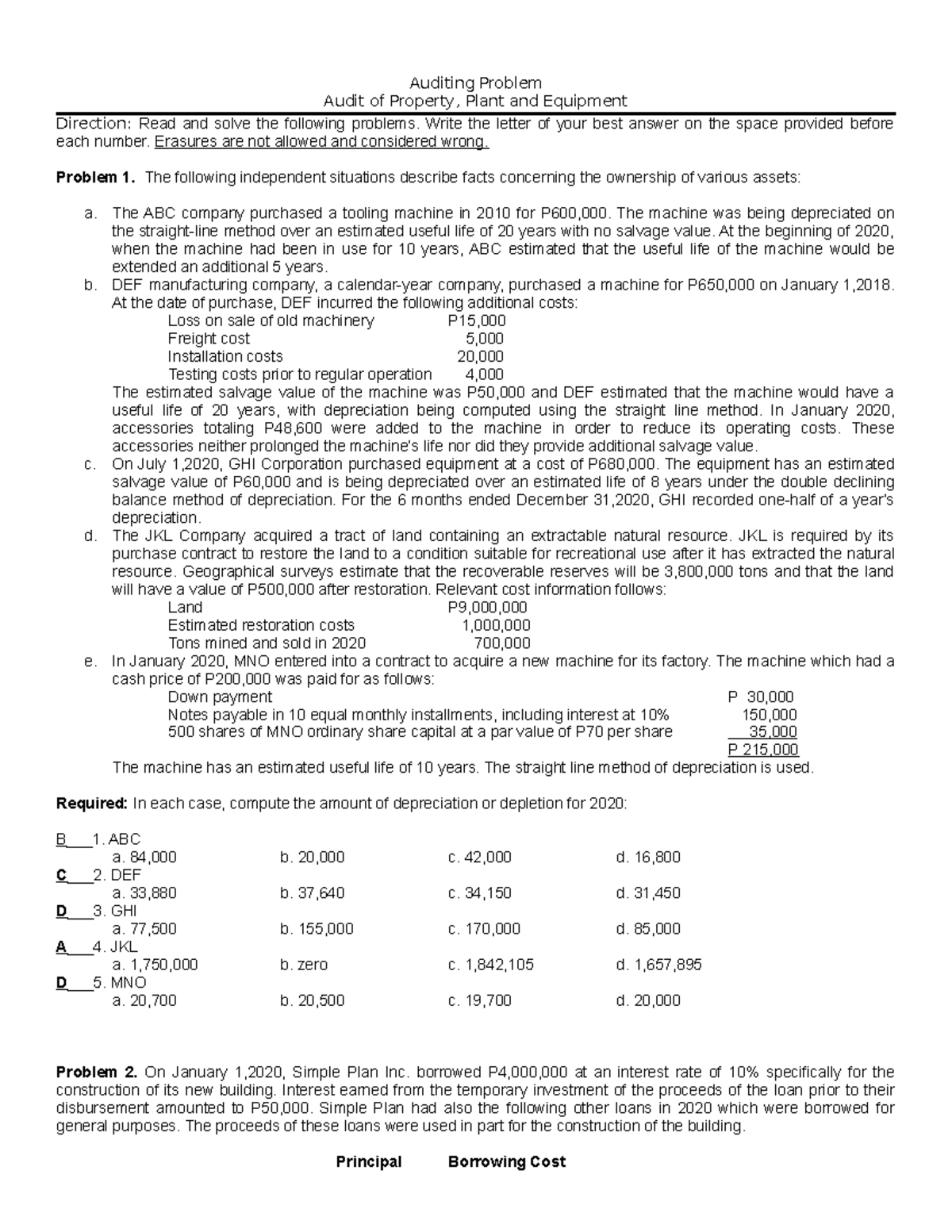Audit of PPE Quiz III Updated - Auditing Problem Audit of Property ...