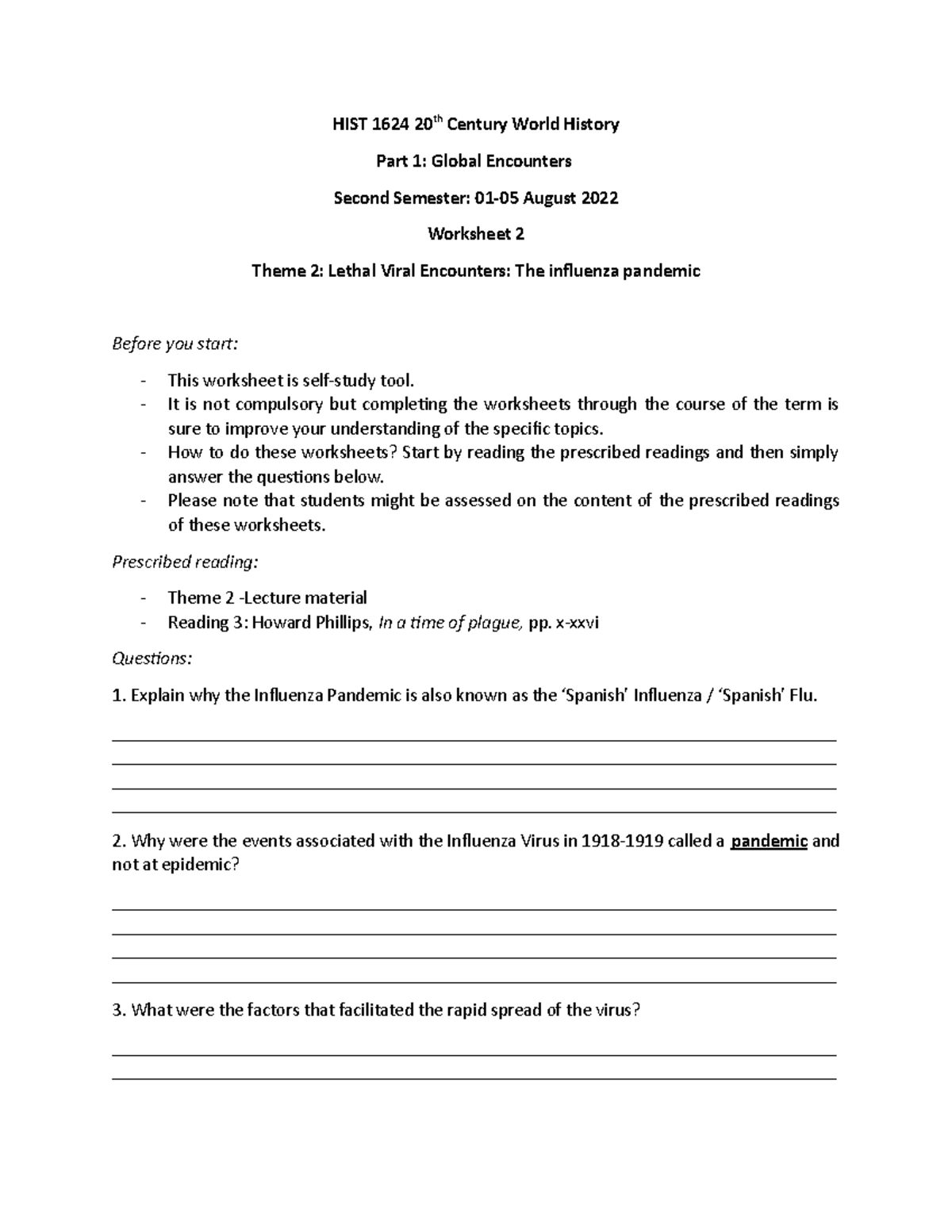 Worksheet 2 - Theme 2 (The Infleunza Pandemic) 2022 - HIST 1624 20th ...