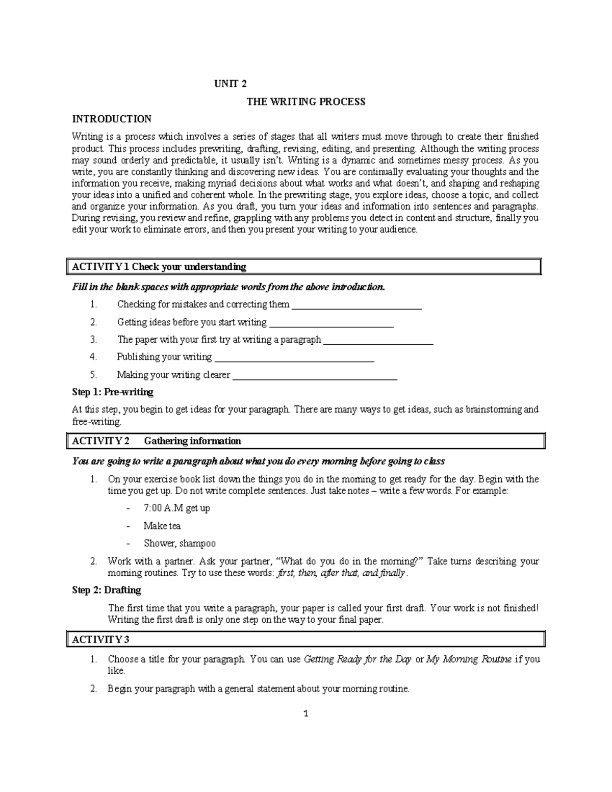Basic Writing Handout unit 2 & 3 - UNIT 2 THE WRITING PROCESS ...