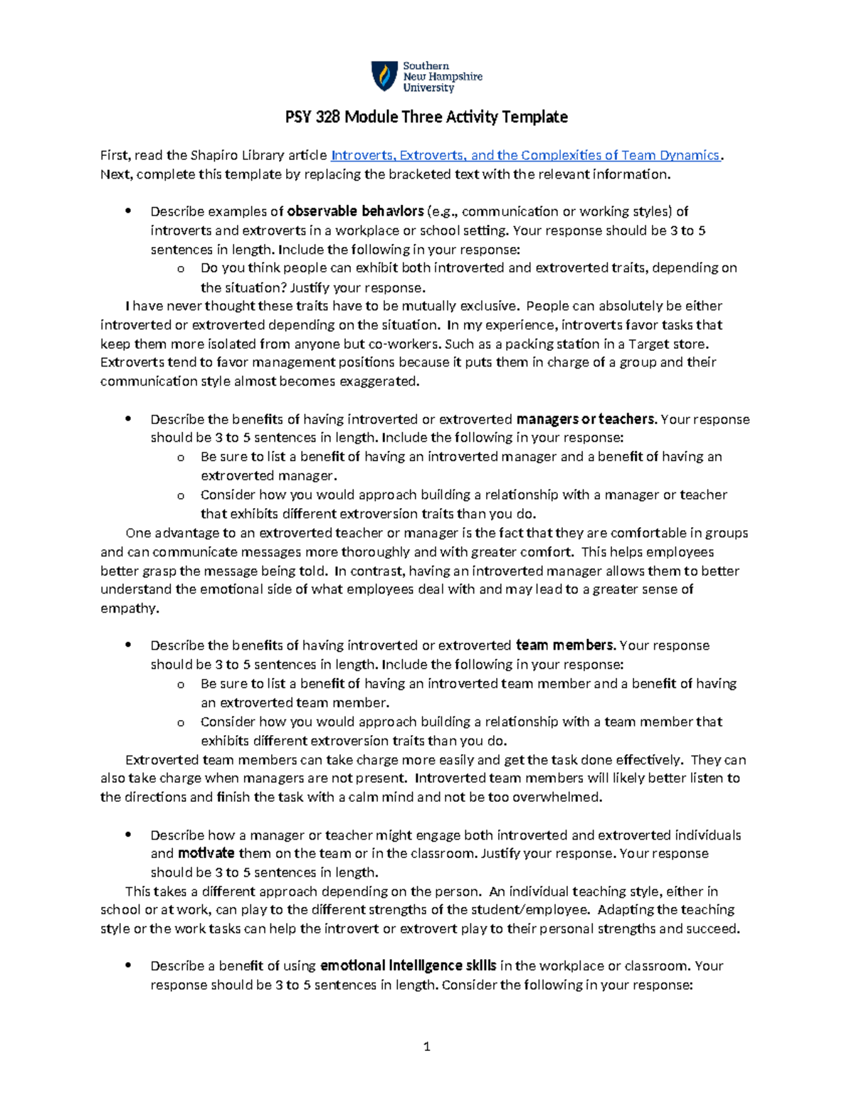 PSY 328 Module Three Activity - Next, complete this template by replacing the bracketed text ...