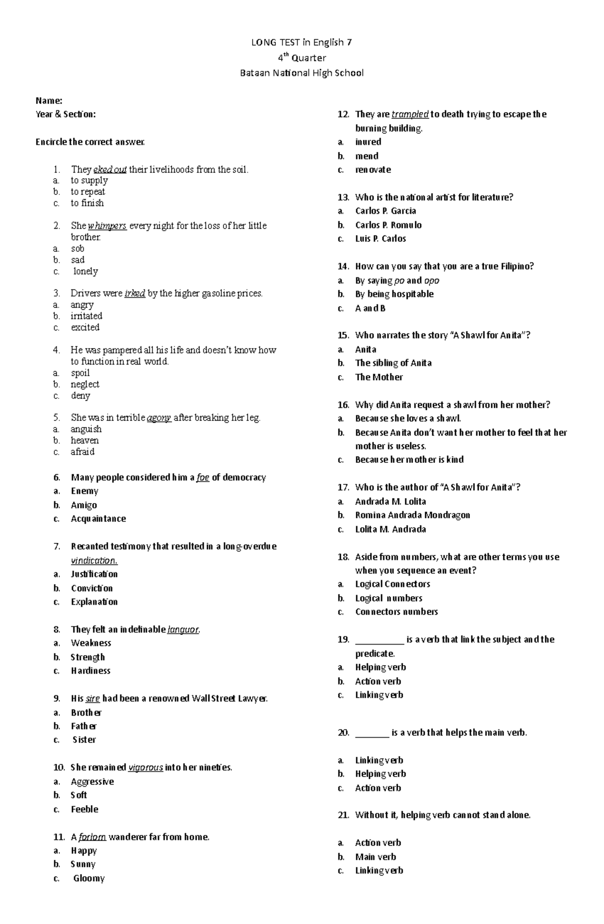 TEST 2020, questions and answers - LONG TEST in English 7 4 th Quarter ...
