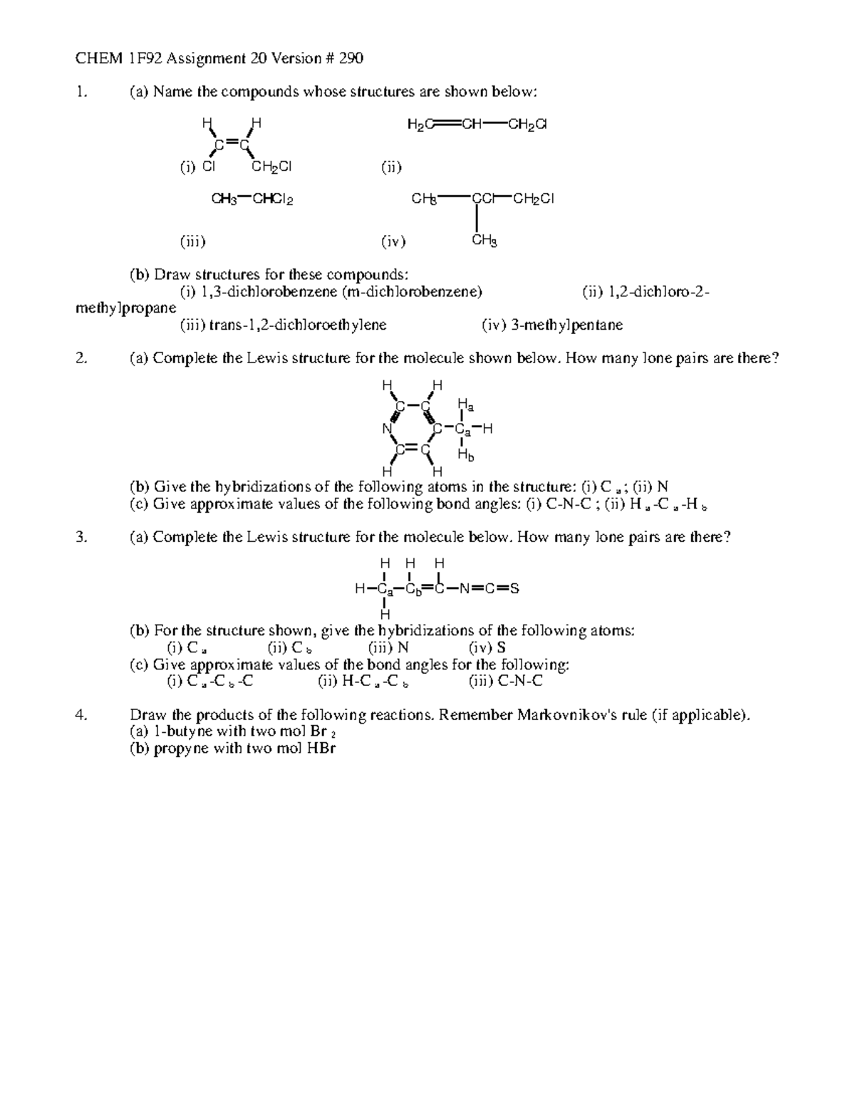A20 - Assignment 20 - CHEM 1F92 Assignment 20 Version # 290 1. (a) Name ...
